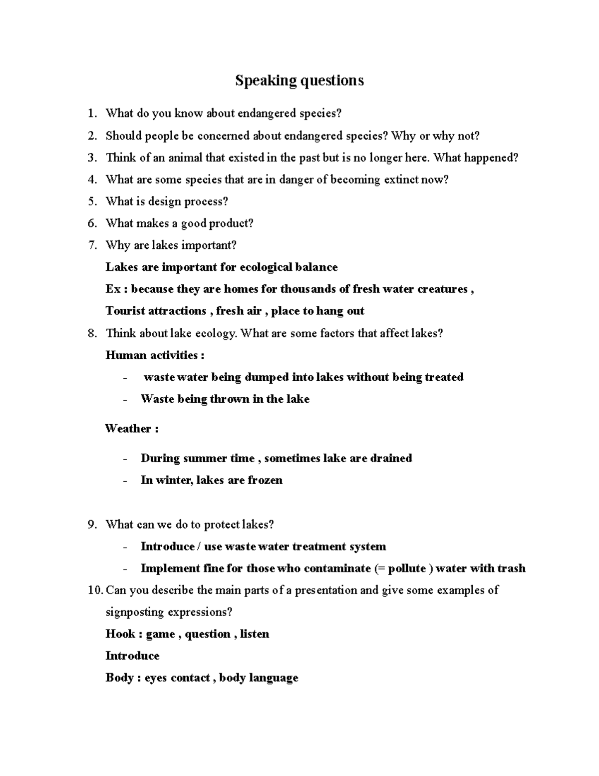 Speaking questions for revision - Speaking questions What do you know ...
