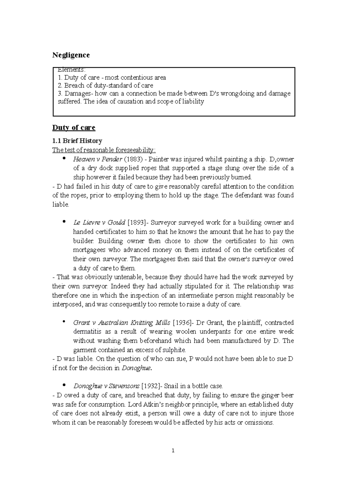 Negligence - Negligence Duty of care 1 Brief History The test of ...