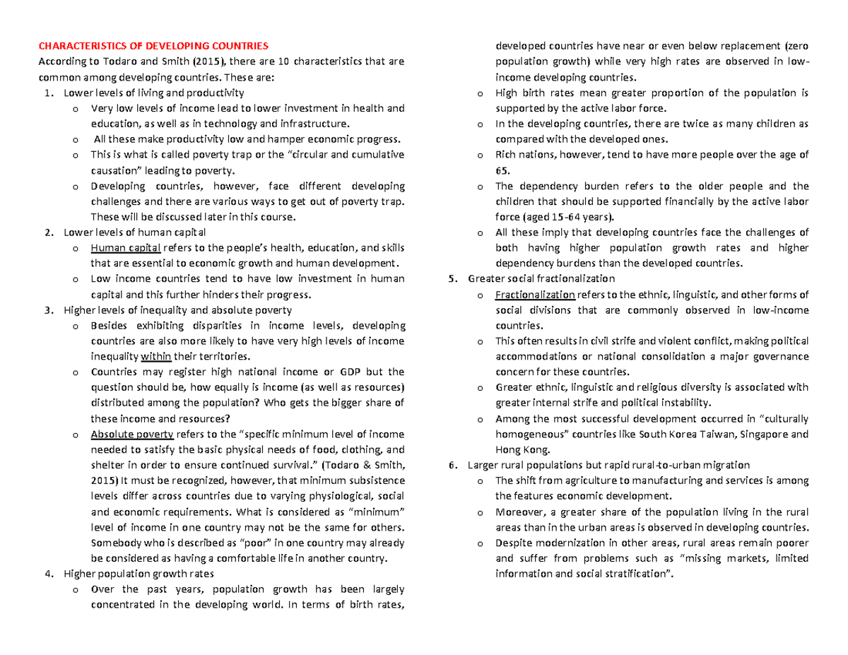 Economic Development - Module 2 - CHARACTERISTICS OF DEVELOPING ...