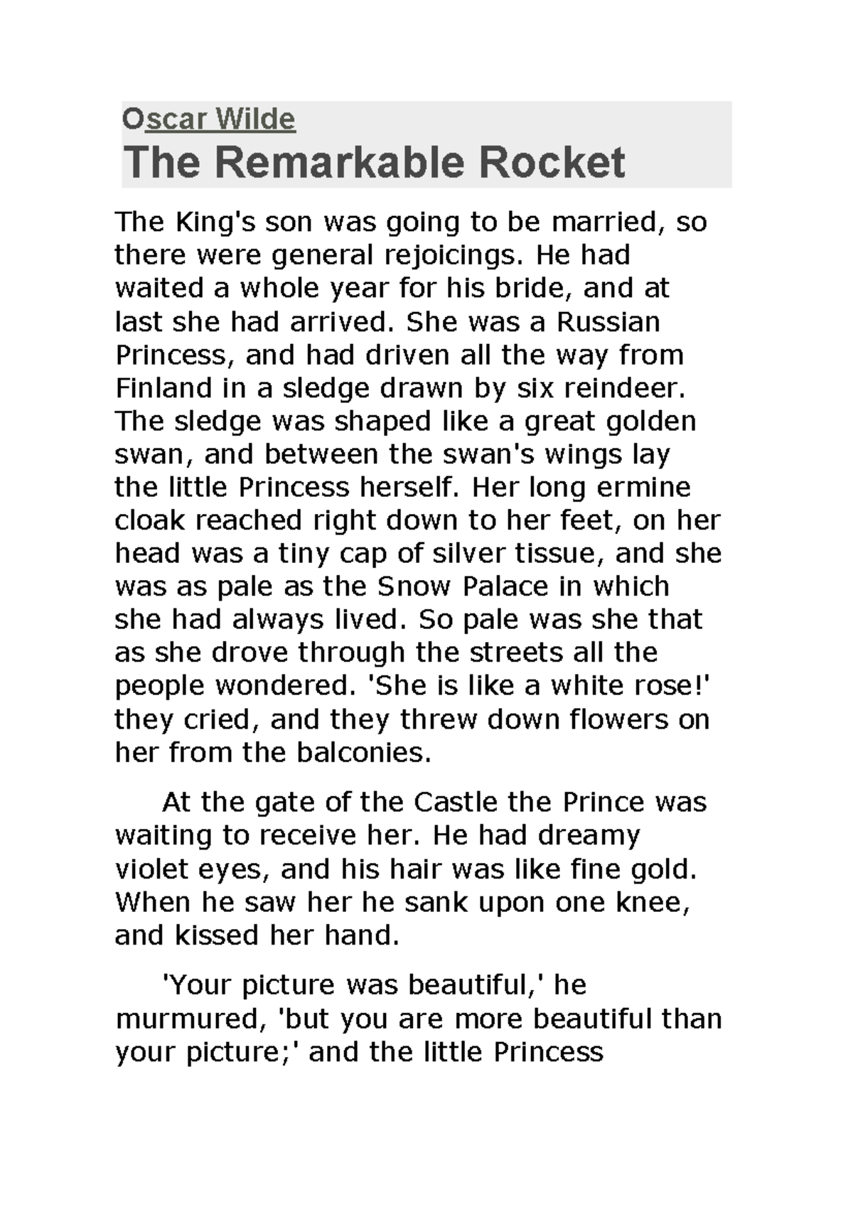 2 The Remarkable Rocket - Oscar Wilde The Remarkable Rocket The King's ...