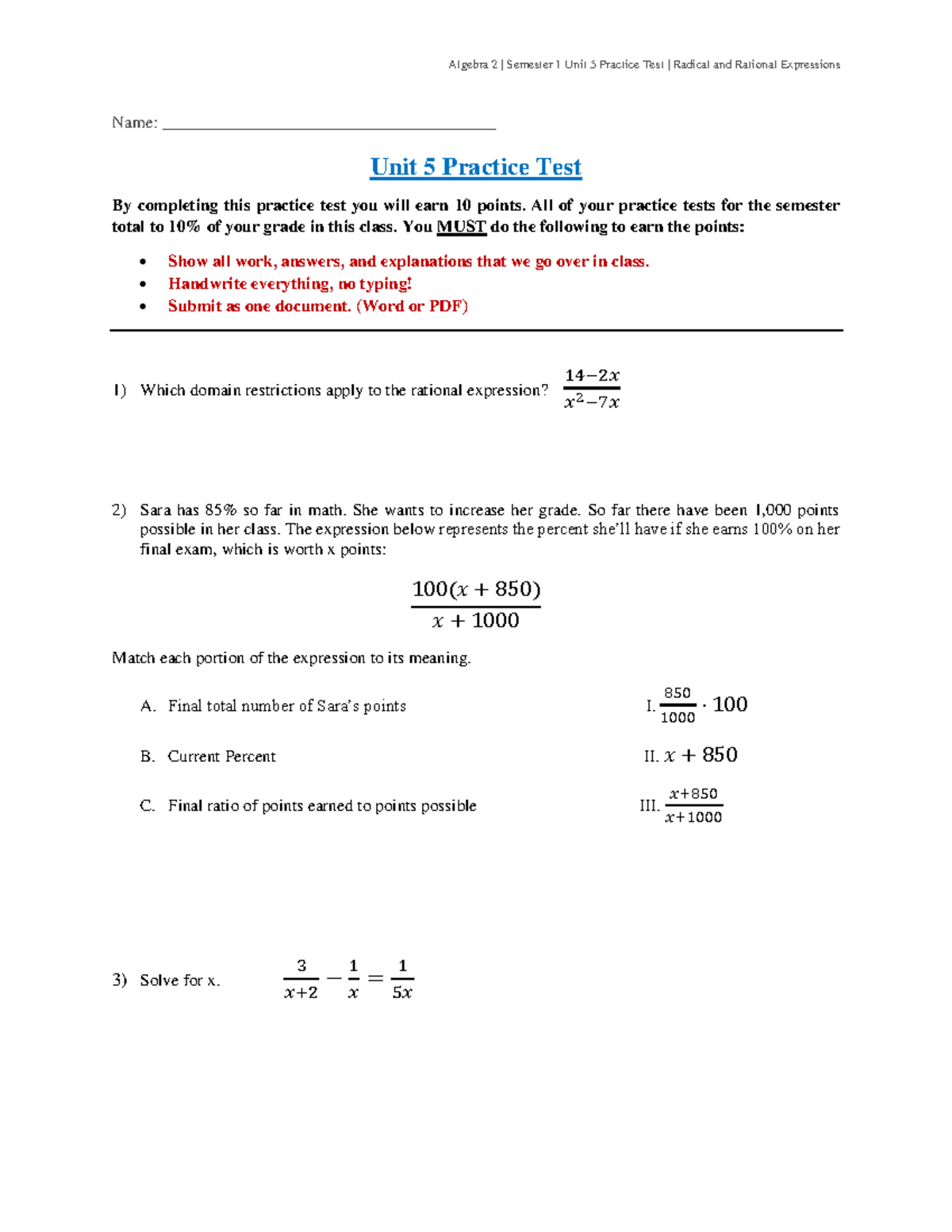 Sem 1 Unit 5 Practice Test 23-24 - Algebra 2 | Semester 1 Unit 5 ...