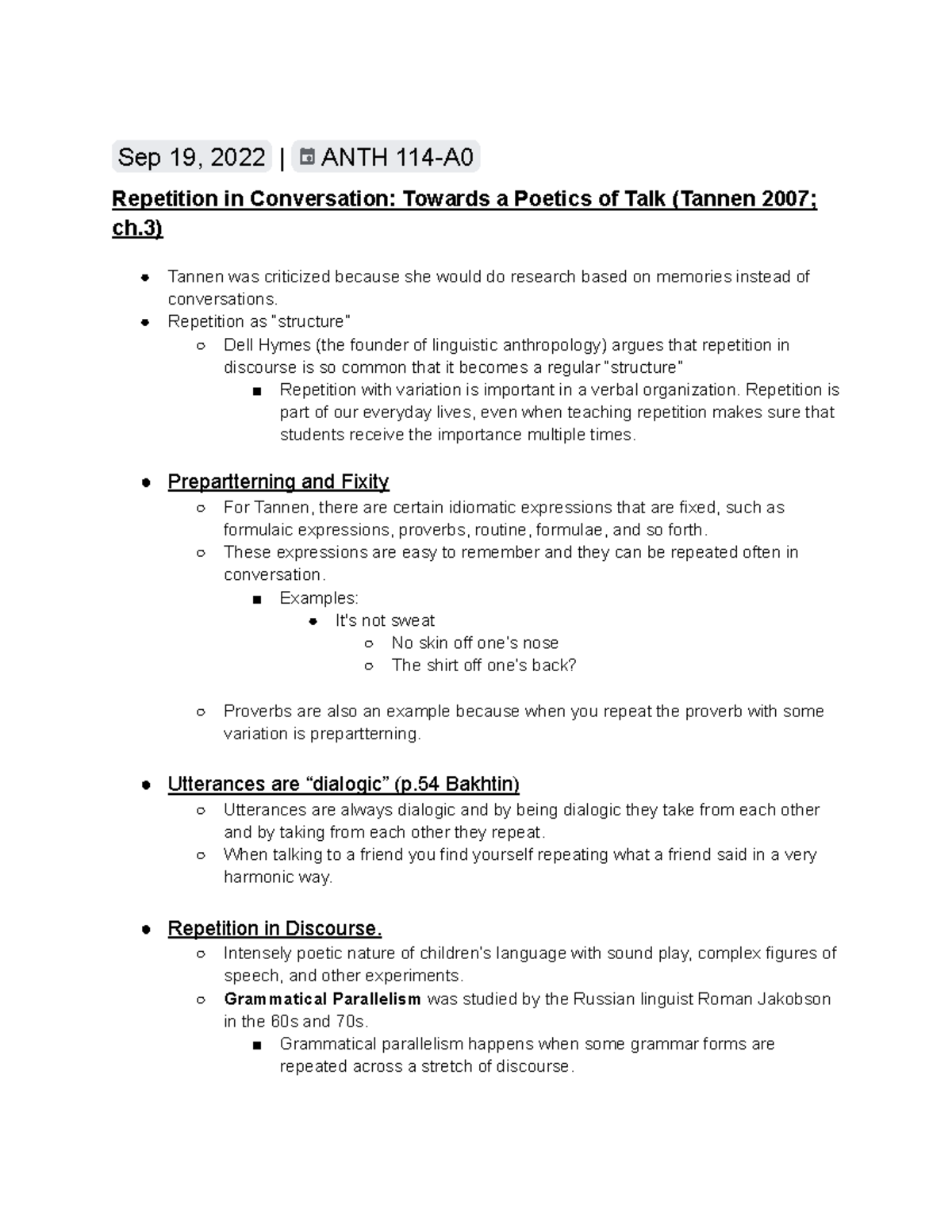 Notes - ANTH 114-A0 - Sep 19, 2022 | ANTH 114-A Repetition in ...