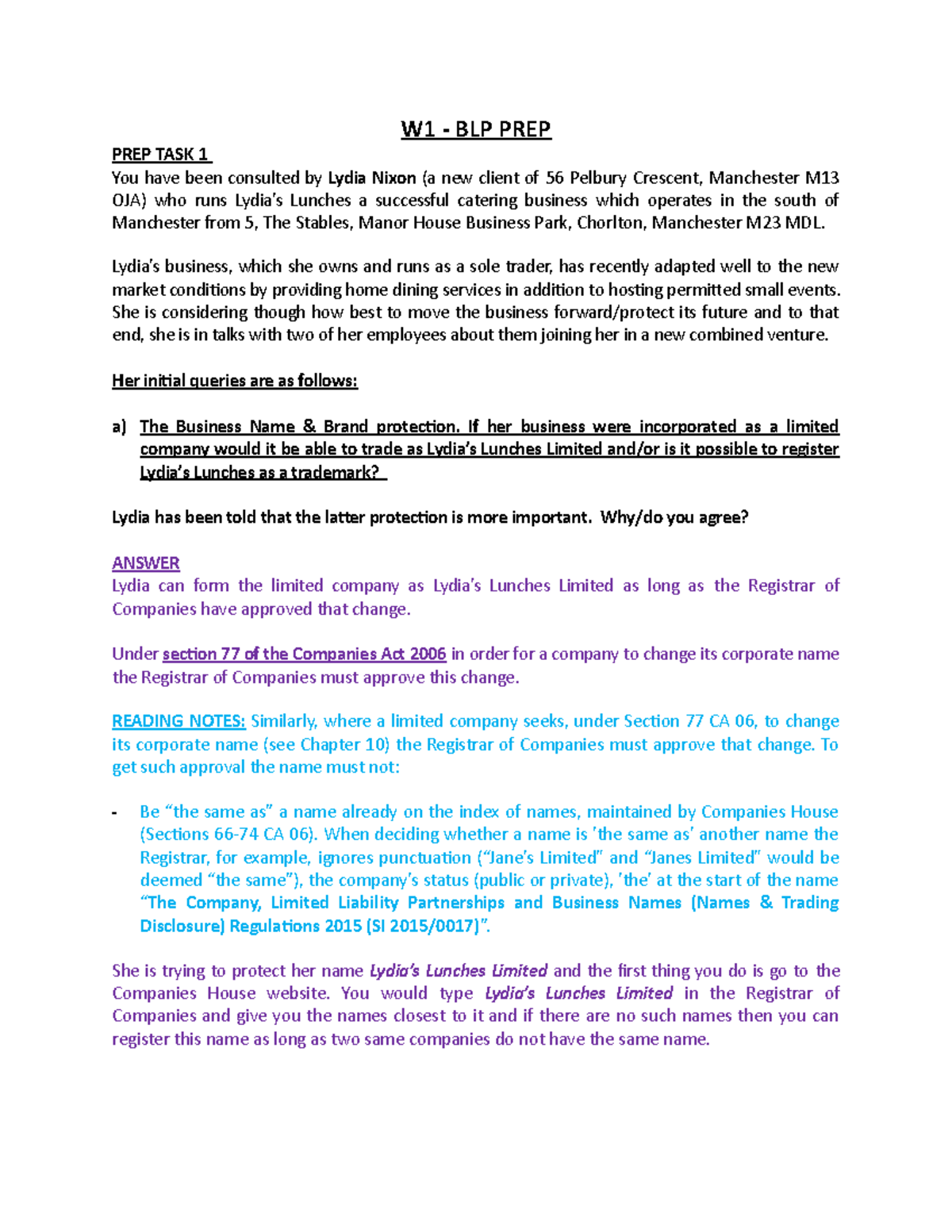 Sole Trader Workshop - W1 - BLP PREP PREP TASK 1 You have been ...