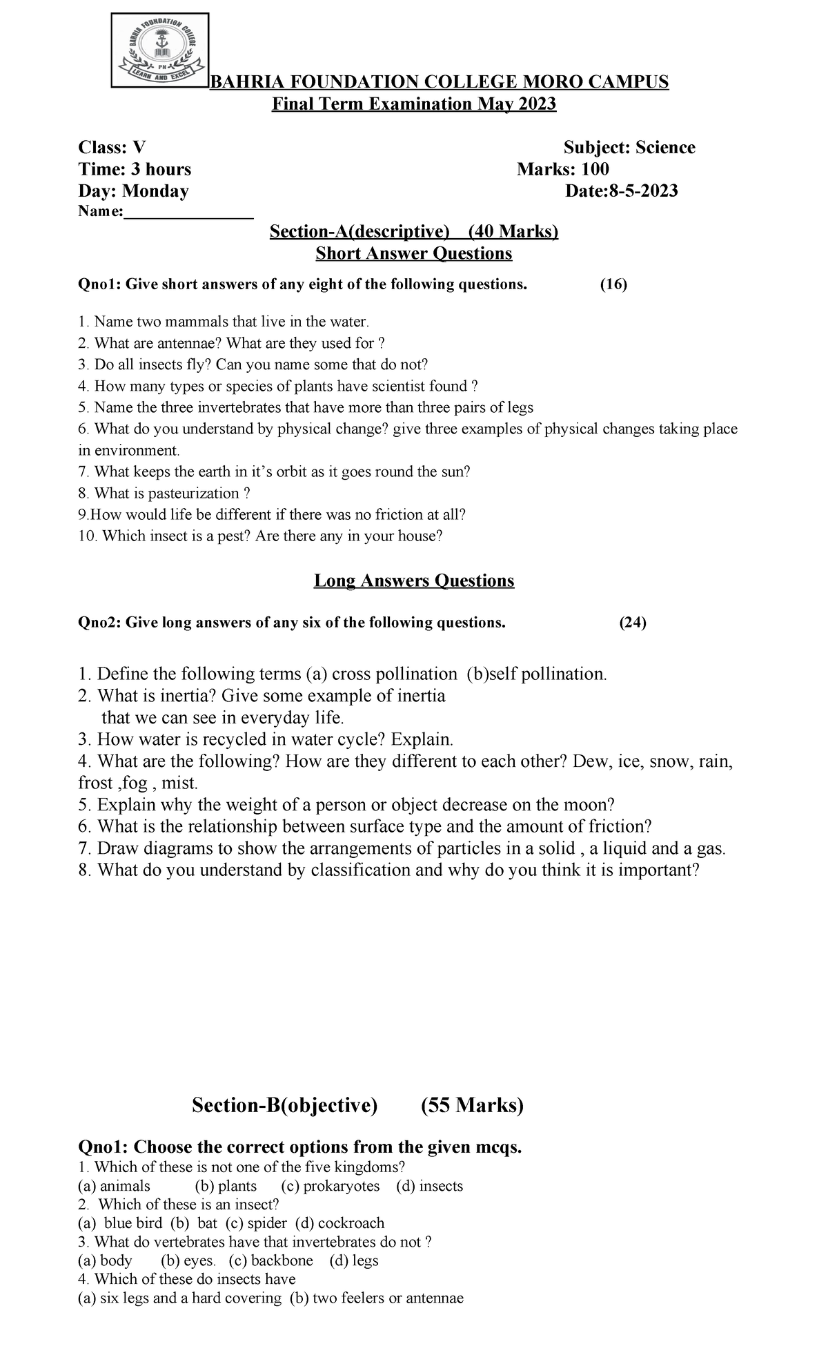 5 science test paper - BAHRIA FOUNDATION COLLEGE MORO CAMPUS Final Term ...