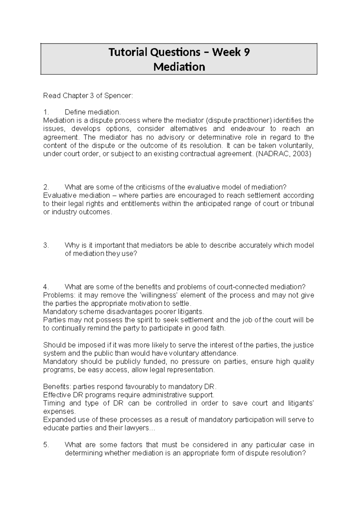 LLB103 Week 9 Tutorial - tut - Tutorial Questions – Week 9 Mediation ...