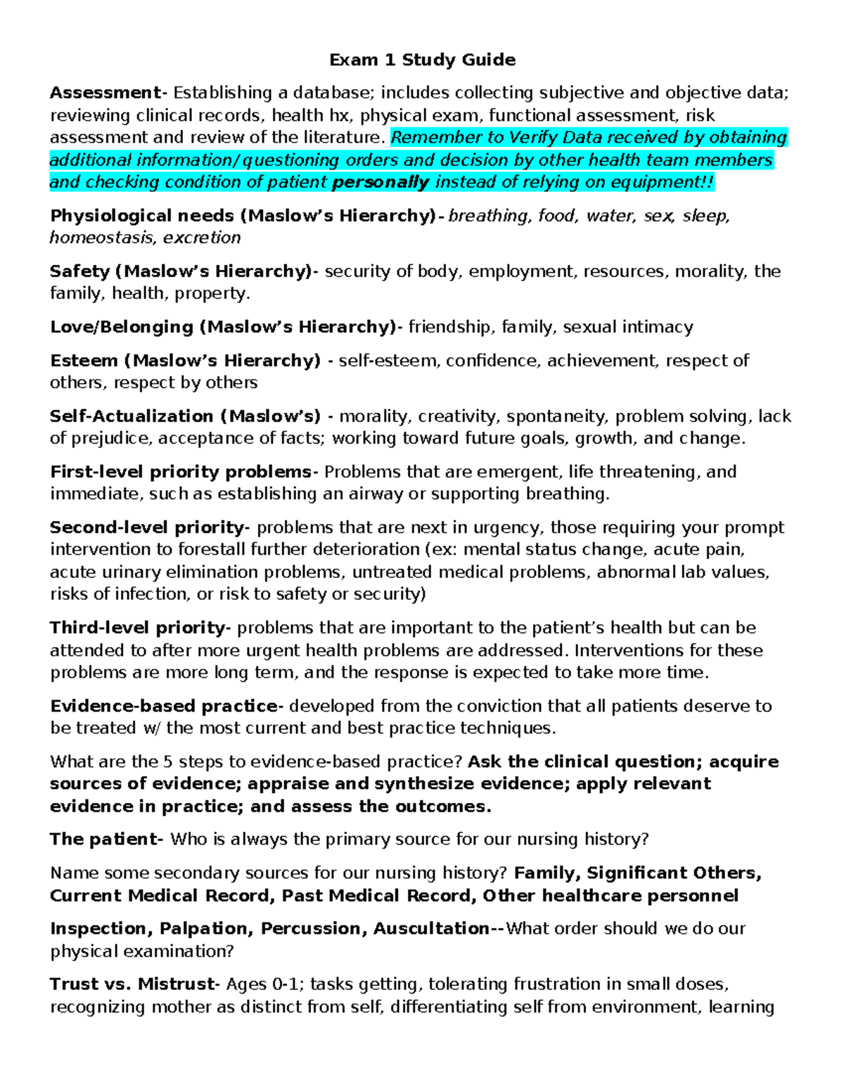 Exam 1 Study Guide - Exam 1 Study Guide Assessment- Establishing a ...
