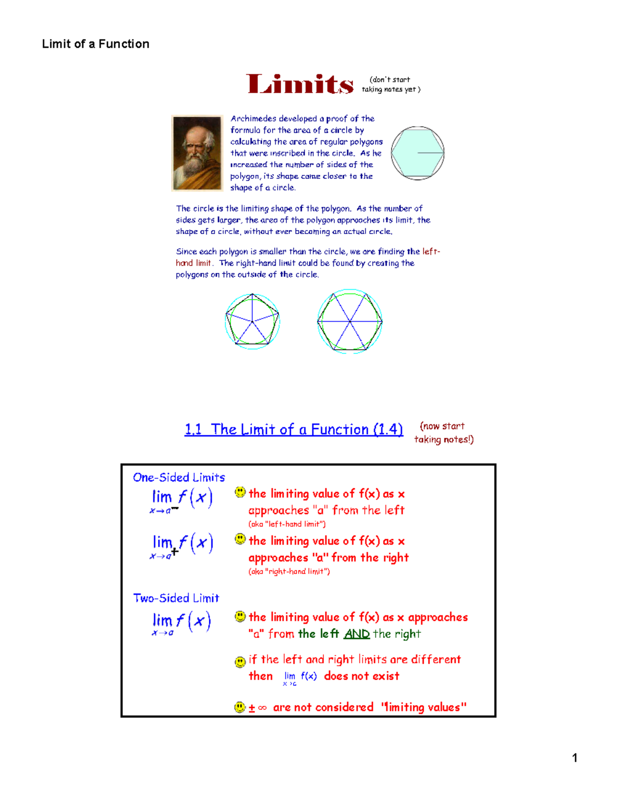 Limit of a Function - MCV4U Class notes on Introduction to Calculus ...