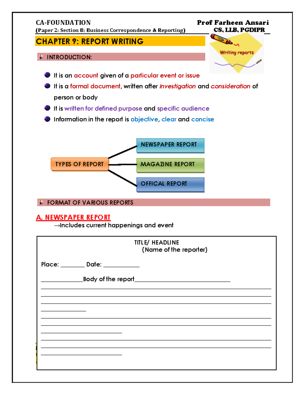 CAFC Business Communication Chp 9 Report Writing - Prof Farheen Ansari ...