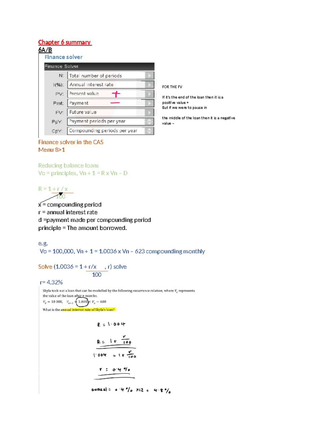 Chapter 6 summary - Chapter 6 summary 6A/B Finance solver in the CAS ...