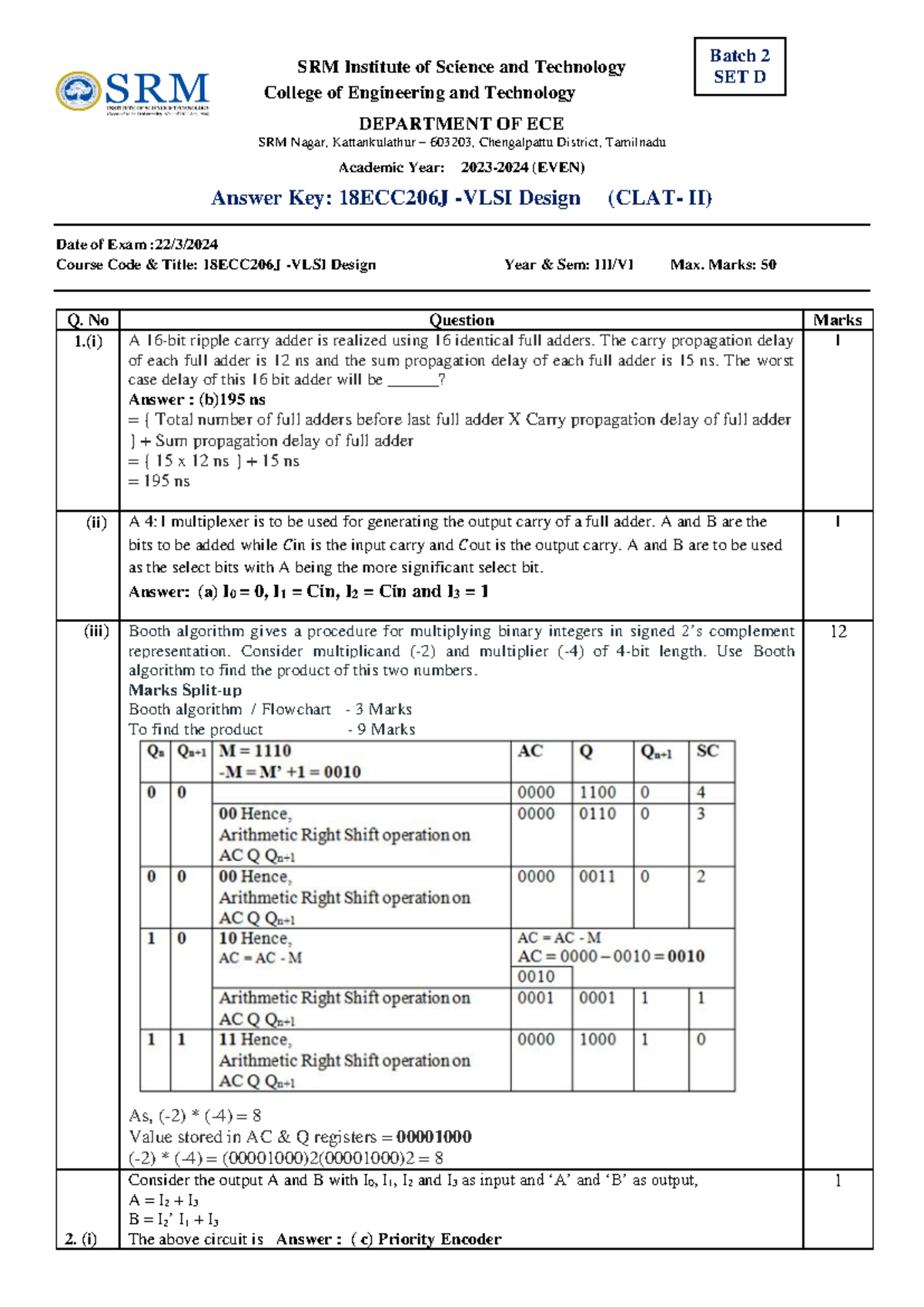 Vlsi Ct2 2023 2024 Set D Batch 2 Srm Institute Of Science And Technology College Of