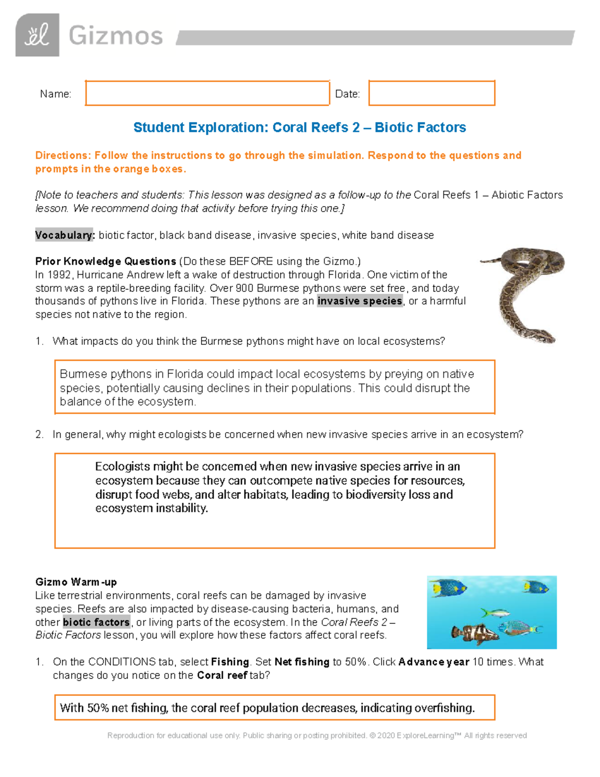 Copy of Copy of Coral Reefs 2SE - Name: Date: Student Exploration ...