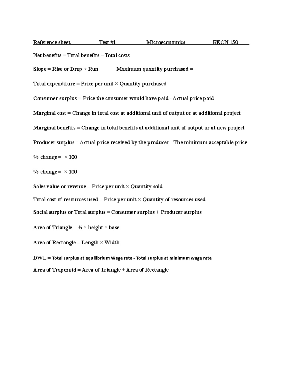 Formula sheet (Micro)Test1 (F-23) - Reference sheet Test #1 ...