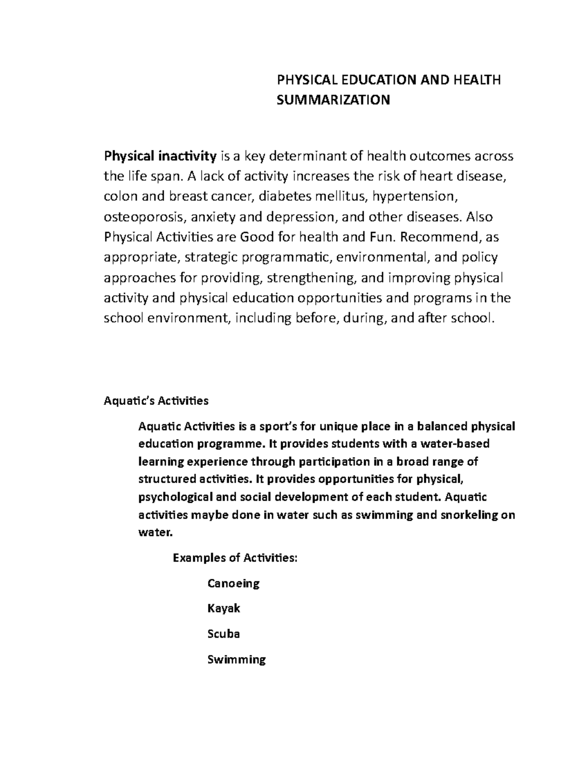 Summary of Physical Education - PHYSICAL EDUCATION AND HEALTH ...