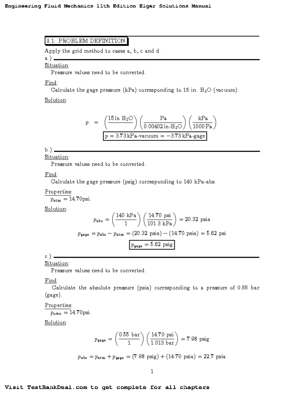 Engineering Fluid Mechanics 11th Edition Elger Solutions Manual 3rd ...