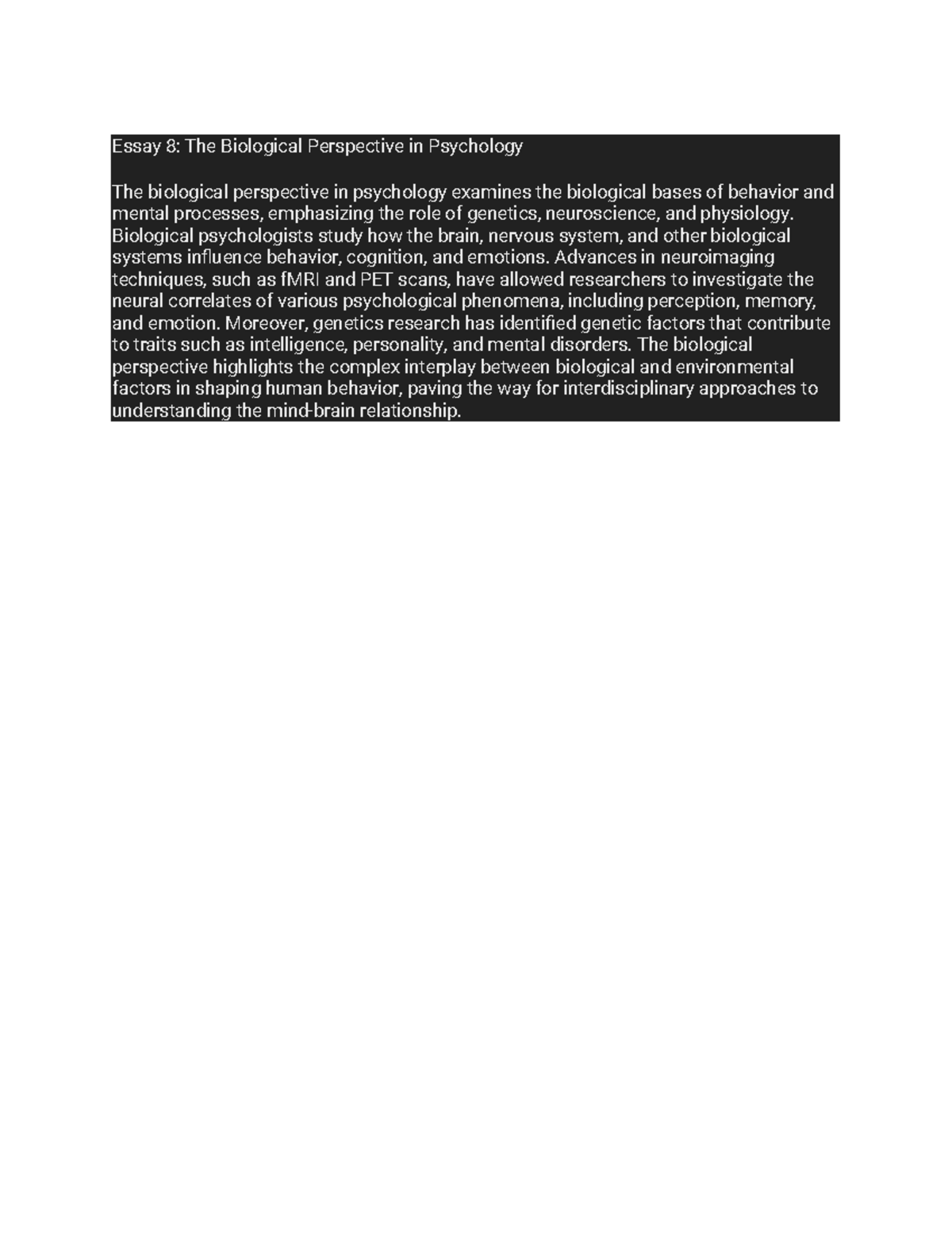 Essay 8 The Biological Perspective in Psychology - Essay 8: The Biological Perspective in ...