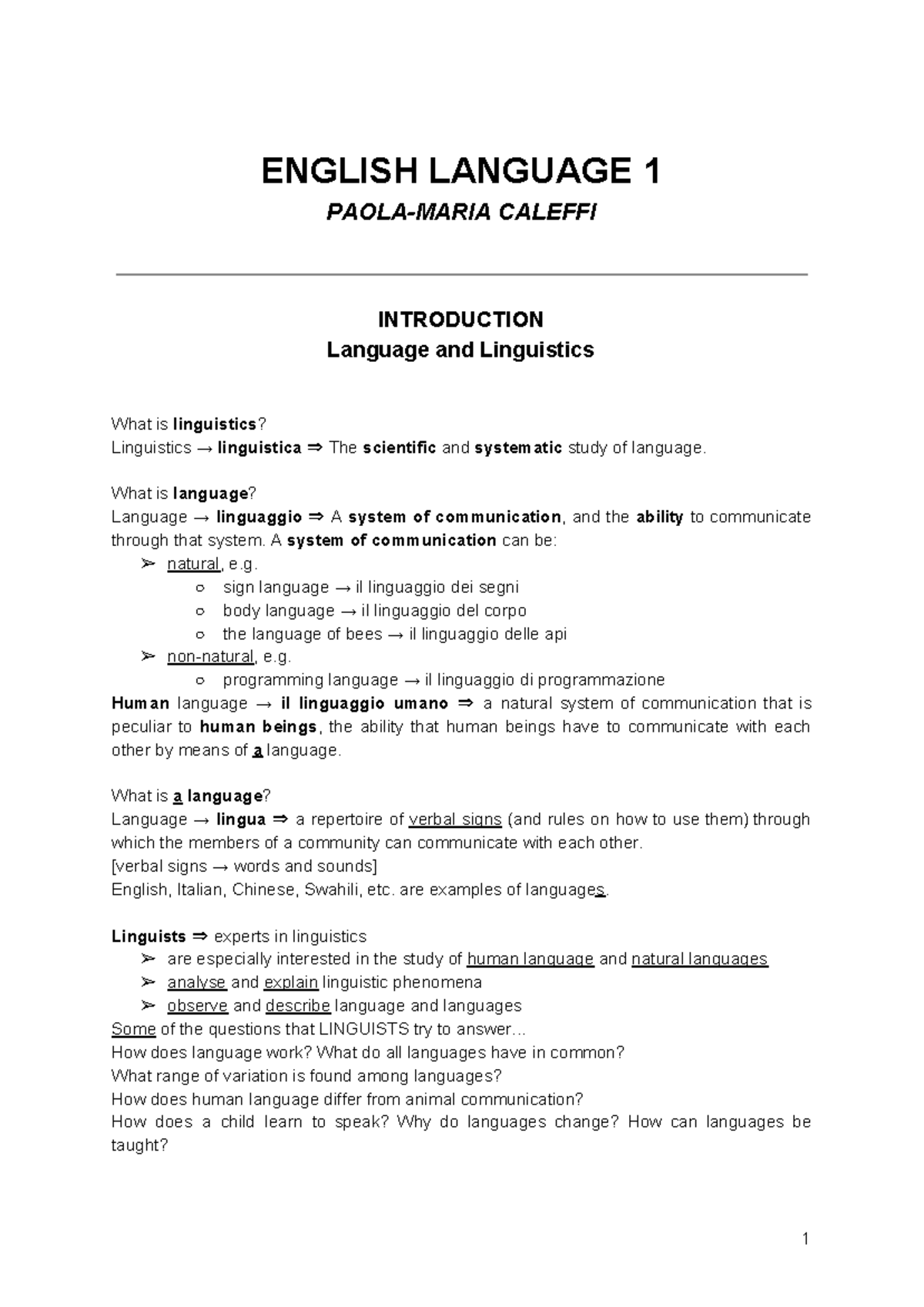 English Language 1 - ENGLISH LANGUAGE 1 PAOLA-MARIA CALEFFI ...