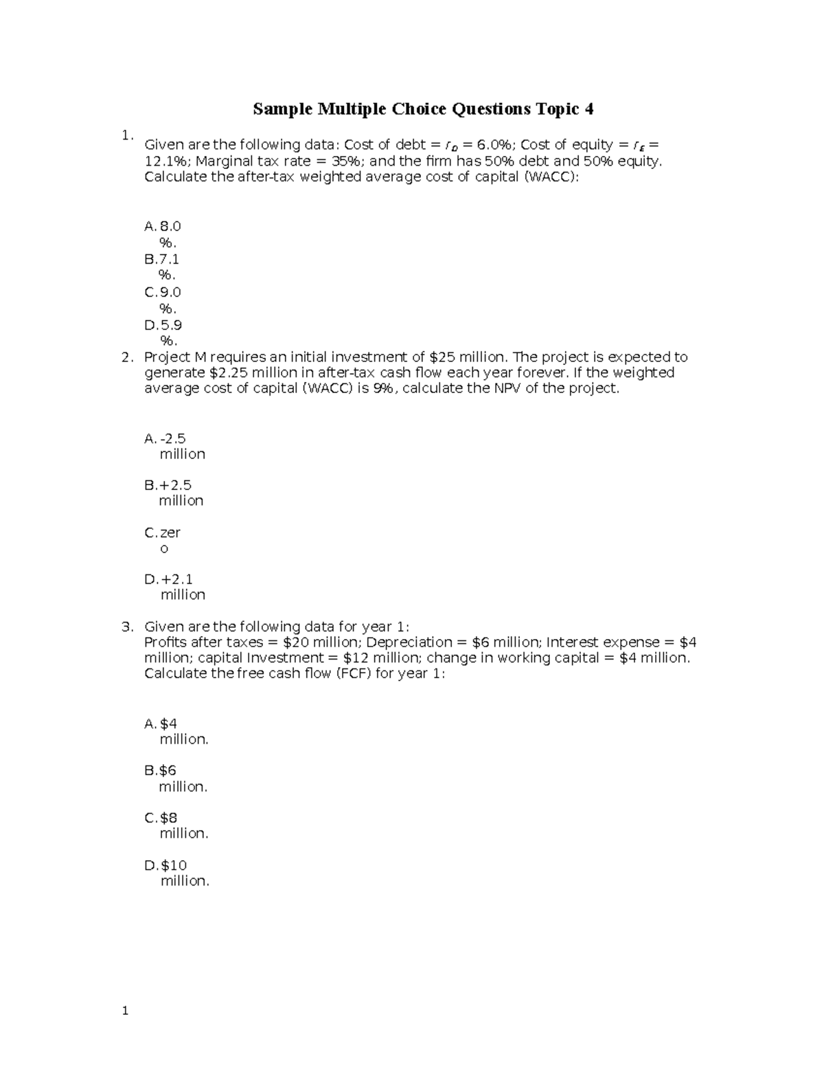 Sample Multiple Choice Questions Topic 4 - 1. Sample Multiple Choice ...