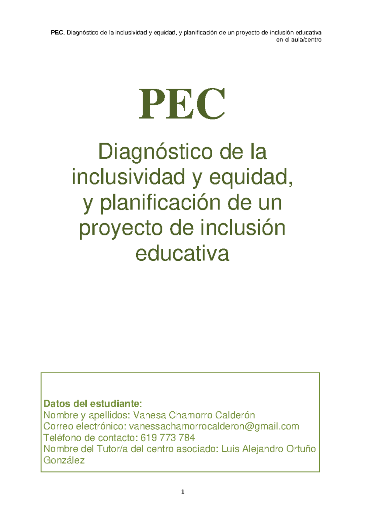 Proyecto Educativo Continuo - en el aula/centro PEC Diagnóstico de la inclusividad y equidad, y ...