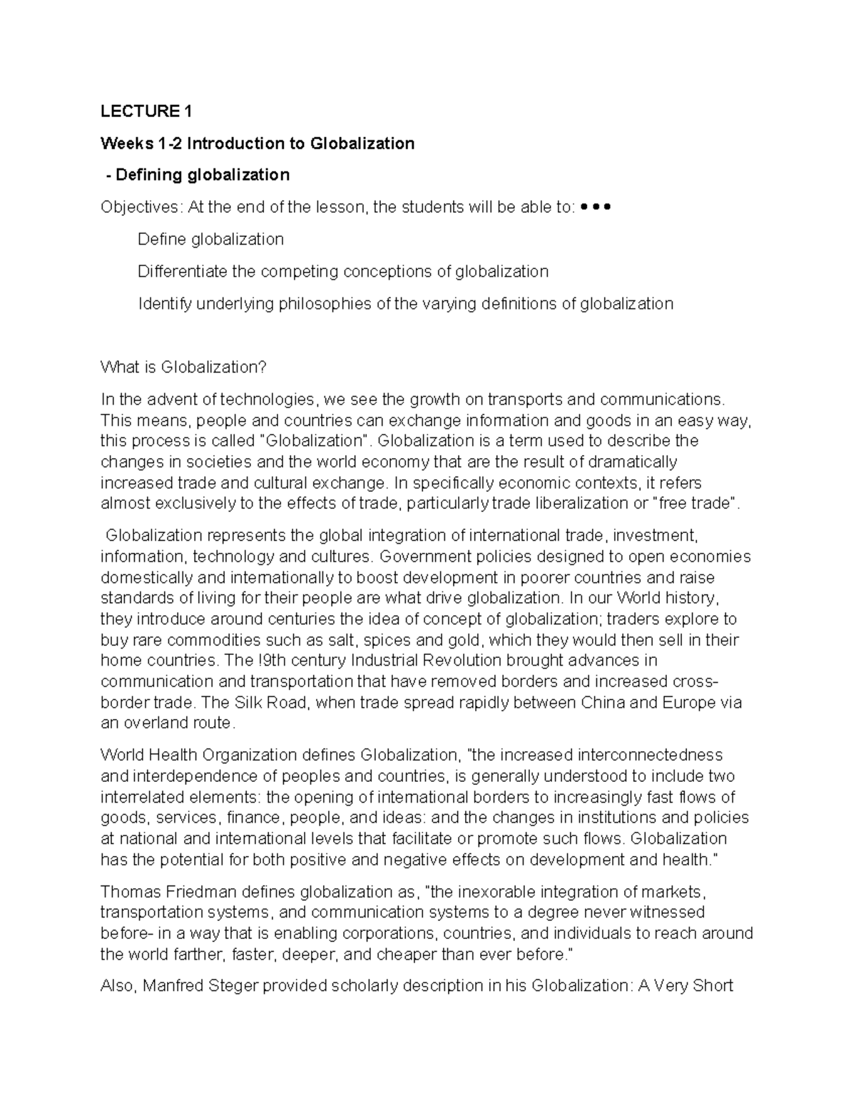 CW- Lecture-1 - LECTURE 1 Weeks 1-2 Introduction to Globalization ...