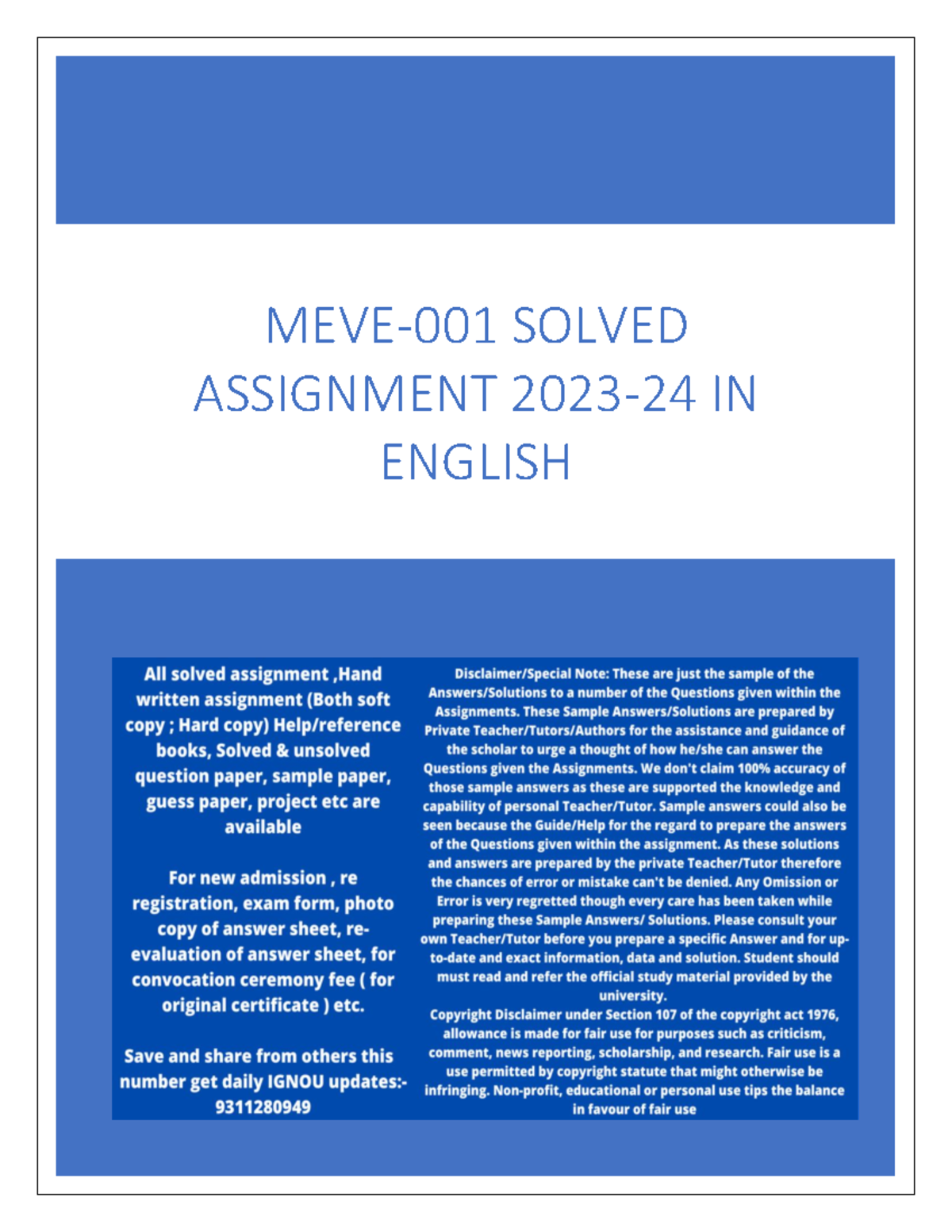 MEVE 001 2023-24 EM - MEVE001 - MEVE-001 SOLVED ASSIGNMENT 2023-24 IN ENGLISH Assignment - 4 (To ...