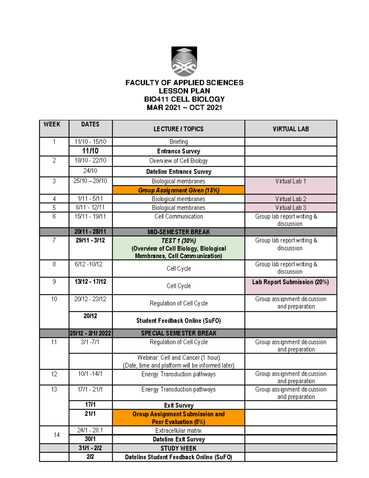 Lesson plan BIO411 - jnjygvg - FACULTY OF APPLIED SCIENCES LESSON PLAN ...