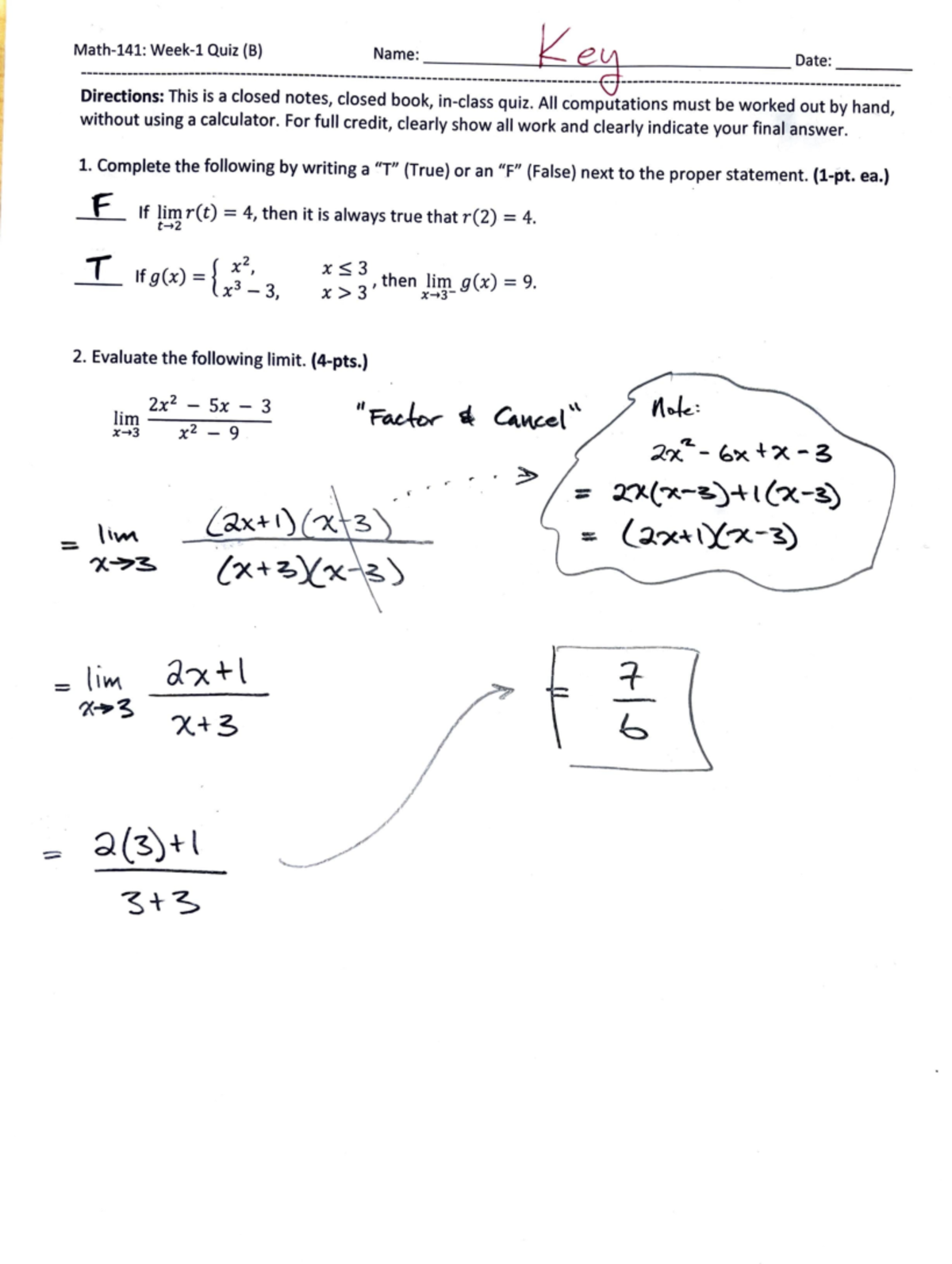Week-1 (B) Quiz Solutions F23 (Math-141) - Math-141: Week-1 Quiz (B) Name: k:: e'4- Date ...