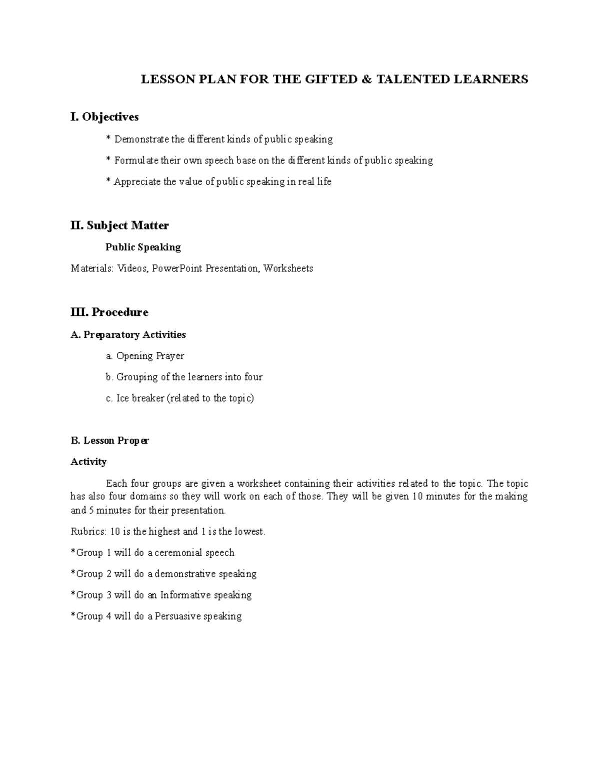 Pacena- Lesson PLAN FOR THE Gifted & Talented Learners - LESSON PLAN ...