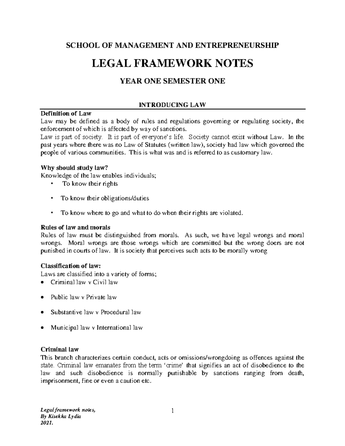 Legal Frame WORK Notes BY Kisekka Lydia - ####### Legal framework notes ...
