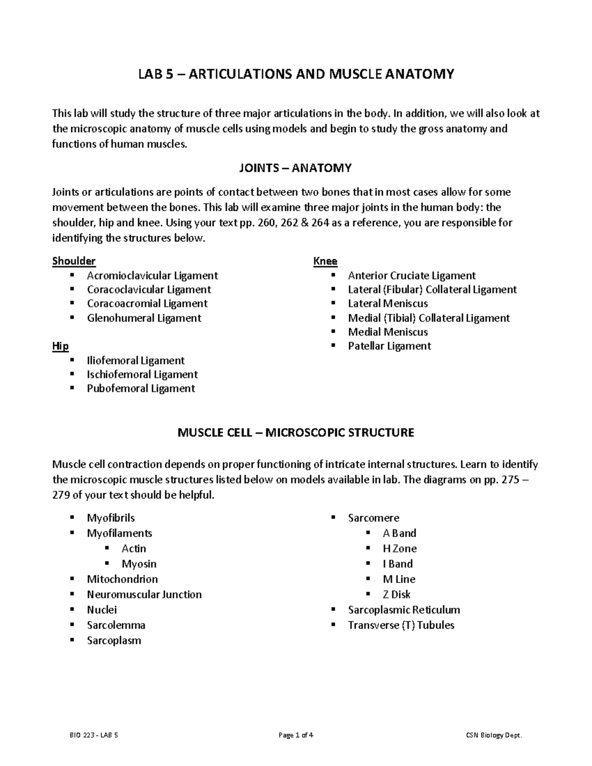 BIO 223 LAB 5 - lab notes - LAB 5 – ARTICULATIONS AND MUSCLE ANATOMY ...