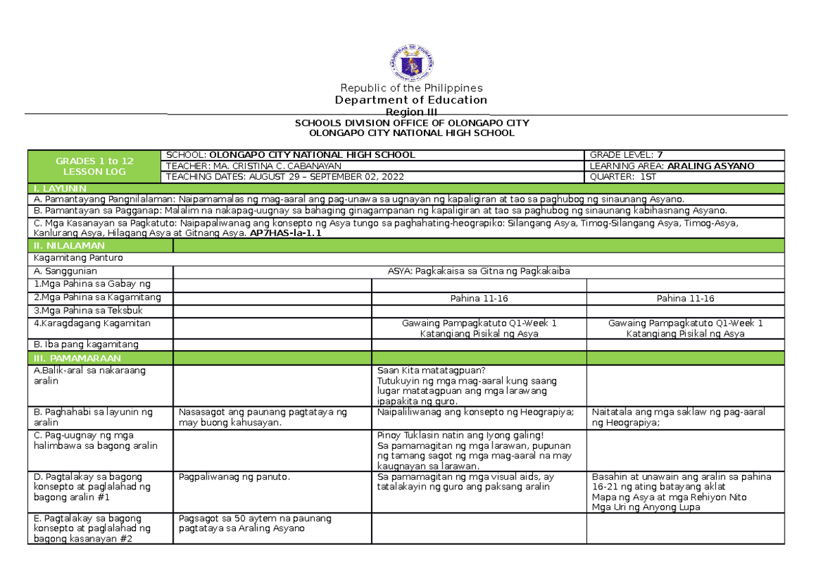 Grade-7-DLL-Aug 29 - Sept02 - 7 Republic of the Philippines Department ...