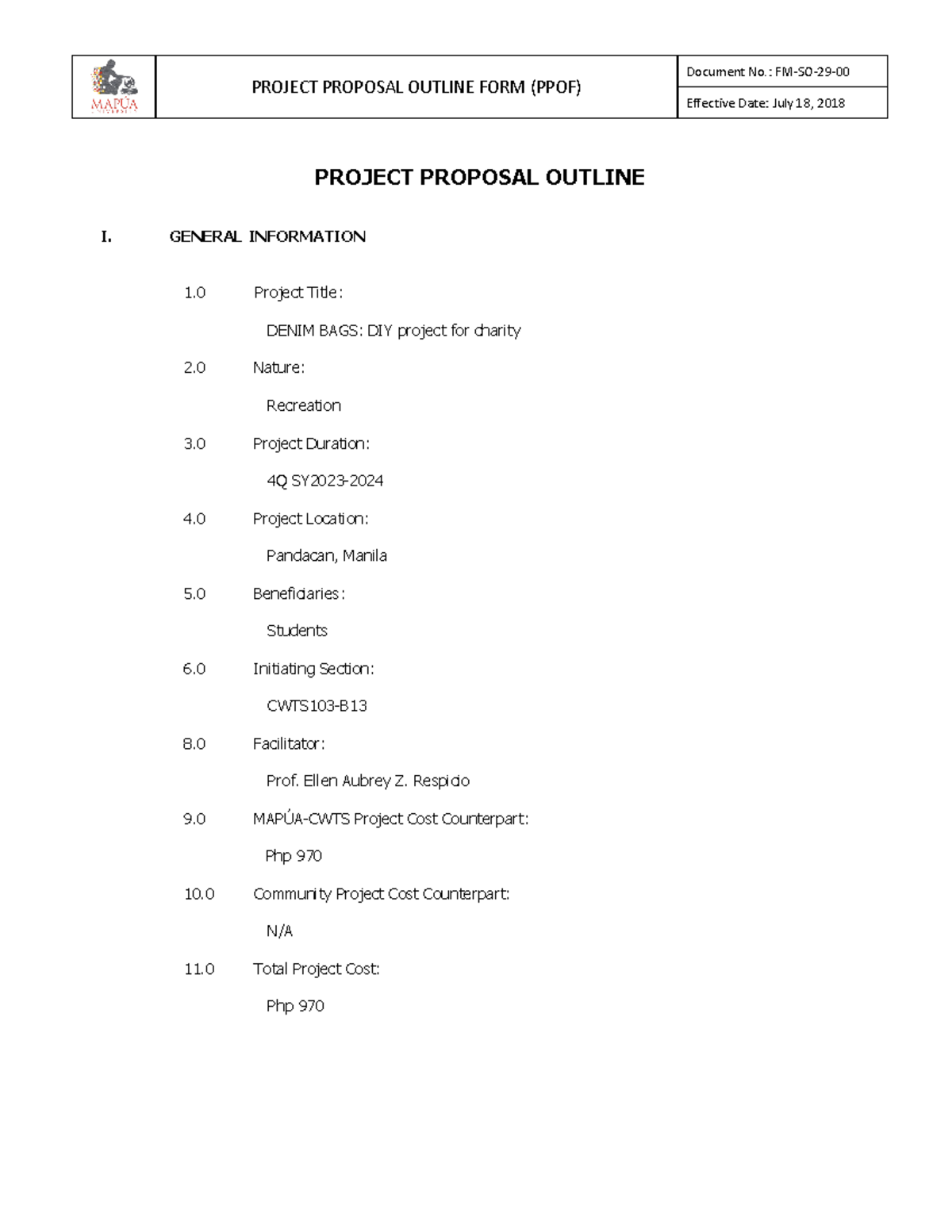 Chavez SFP-CWTS103-B13-PPO1 - PROJECT PROPOSAL OUTLINE FORM (PPOF) Effective Date: July 18, 2018 ...