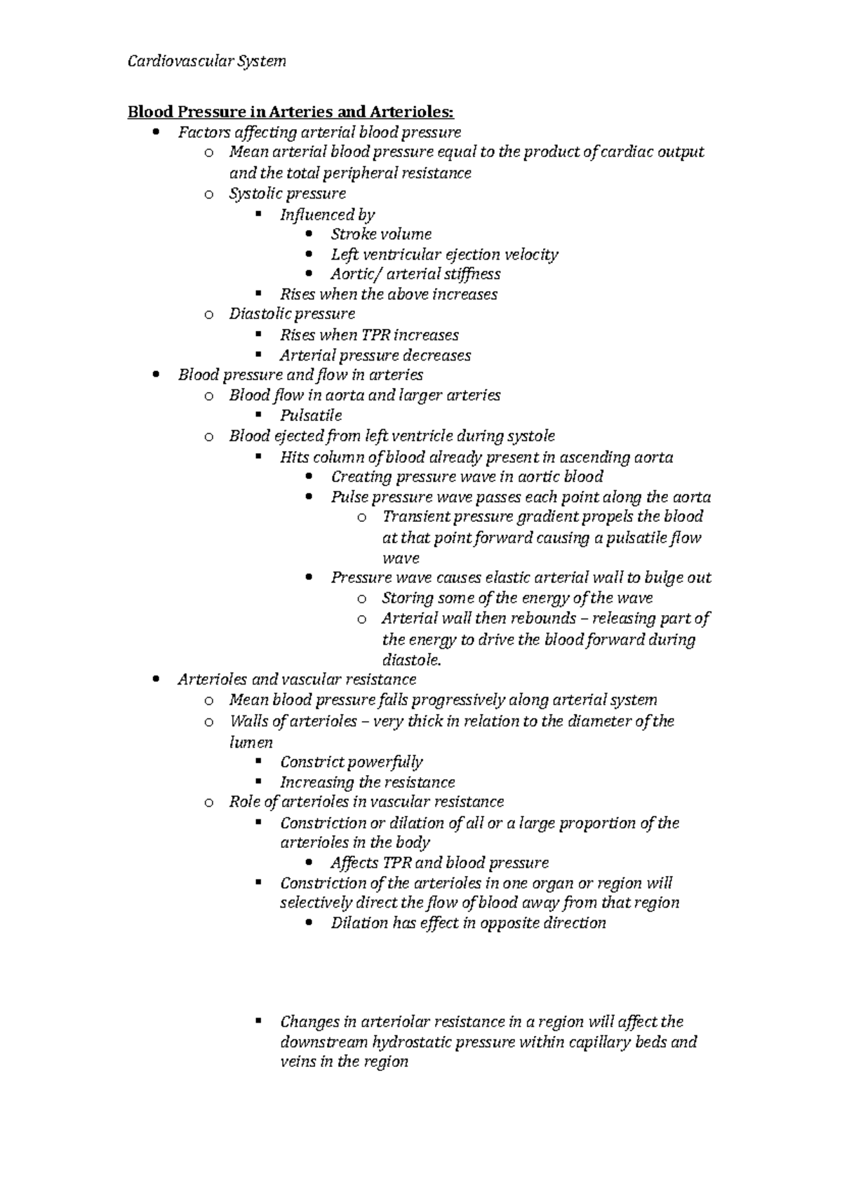 Blood Pressure in Arteries and Arterioles Lecture Notes ...