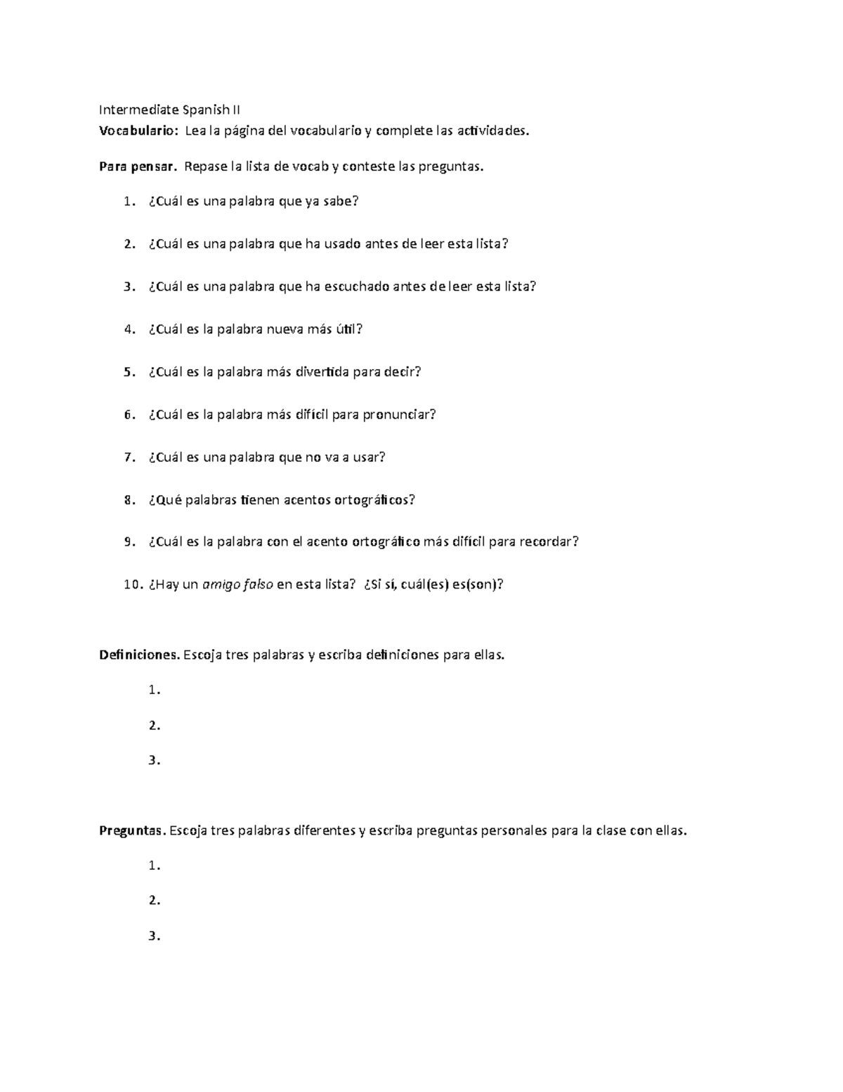Vocabulario - worksheet to help understand vocabulary for all chapters ...