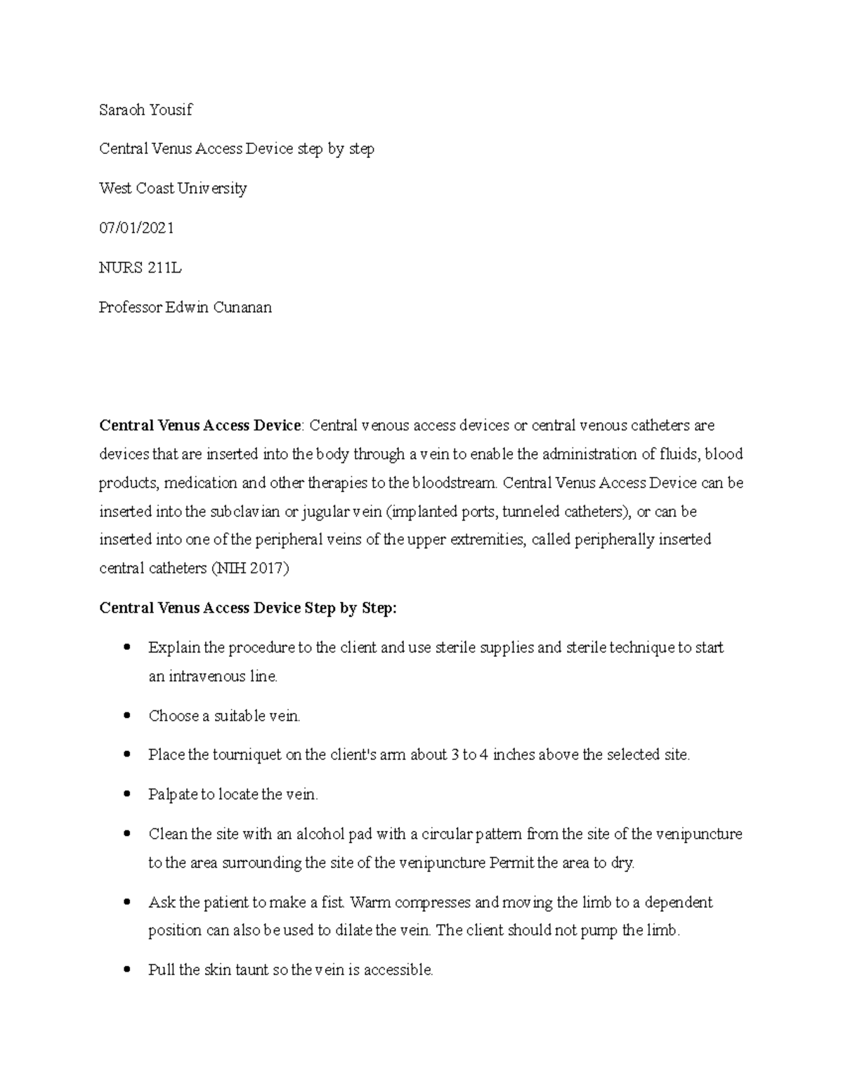 CVAD NURS211L - lecture notes - Saraoh Yousif Central Venus Access ...