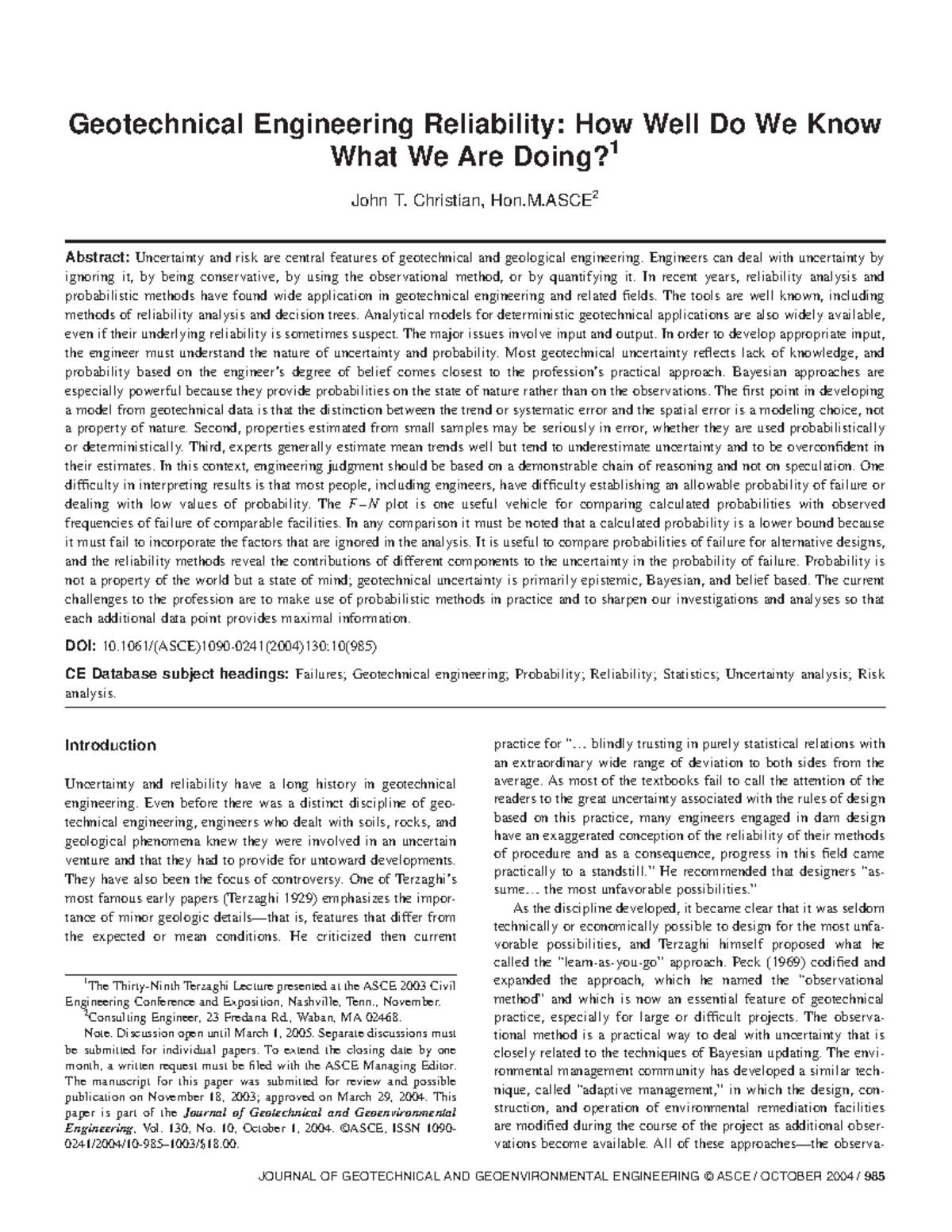 Christian - Geotechnical Reliability Terzaghi Lecture 2004 - Geotechnical Engineering ...