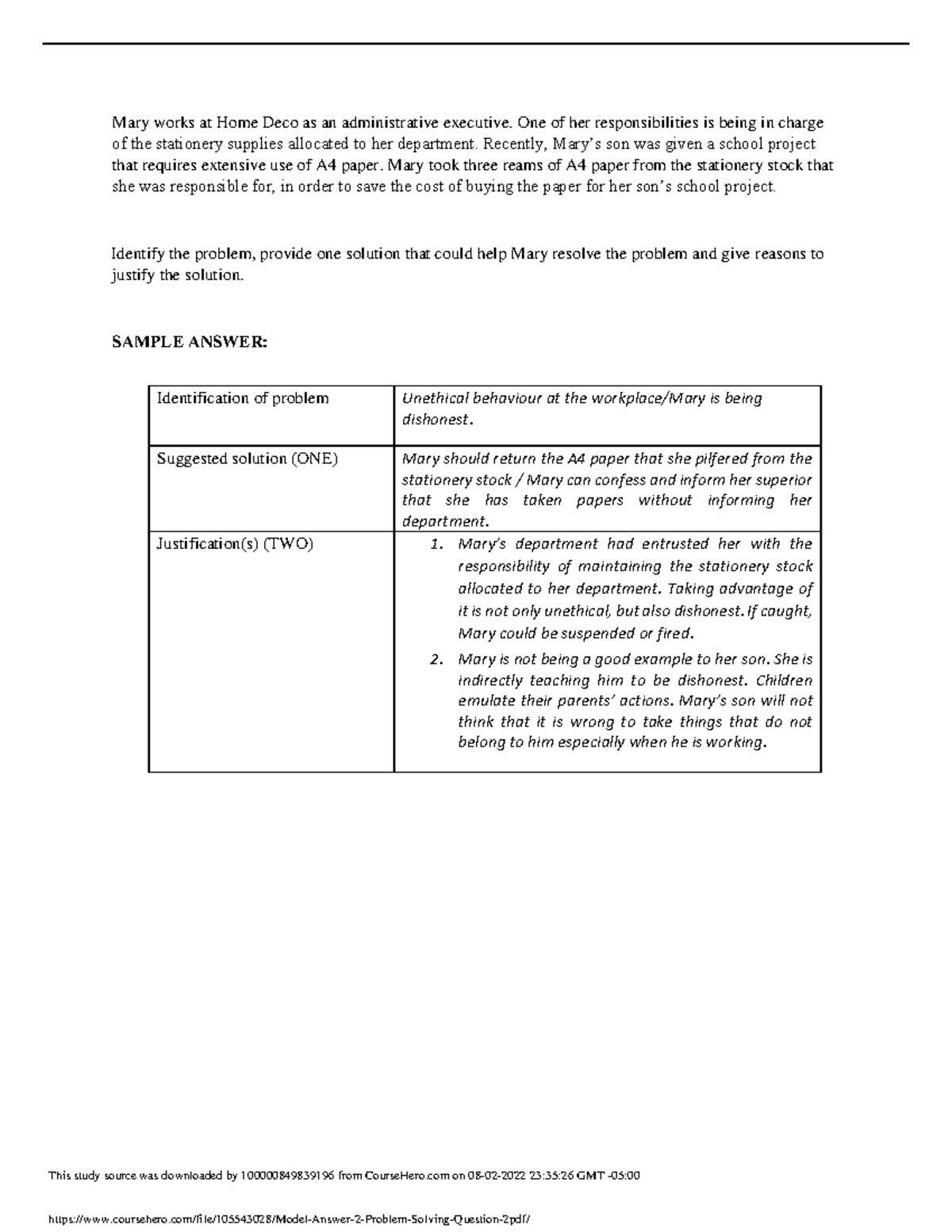 Model Answer 2 Problem Solving Question 2 Mary Works At Home Deco As An Administrative 