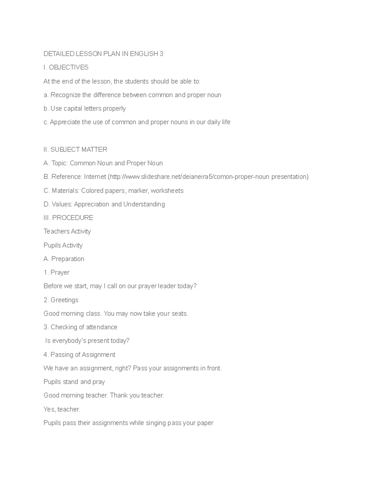 Lesson Plan English 3- Detailed Lesson Plan - DETAILED LESSON PLAN IN ...