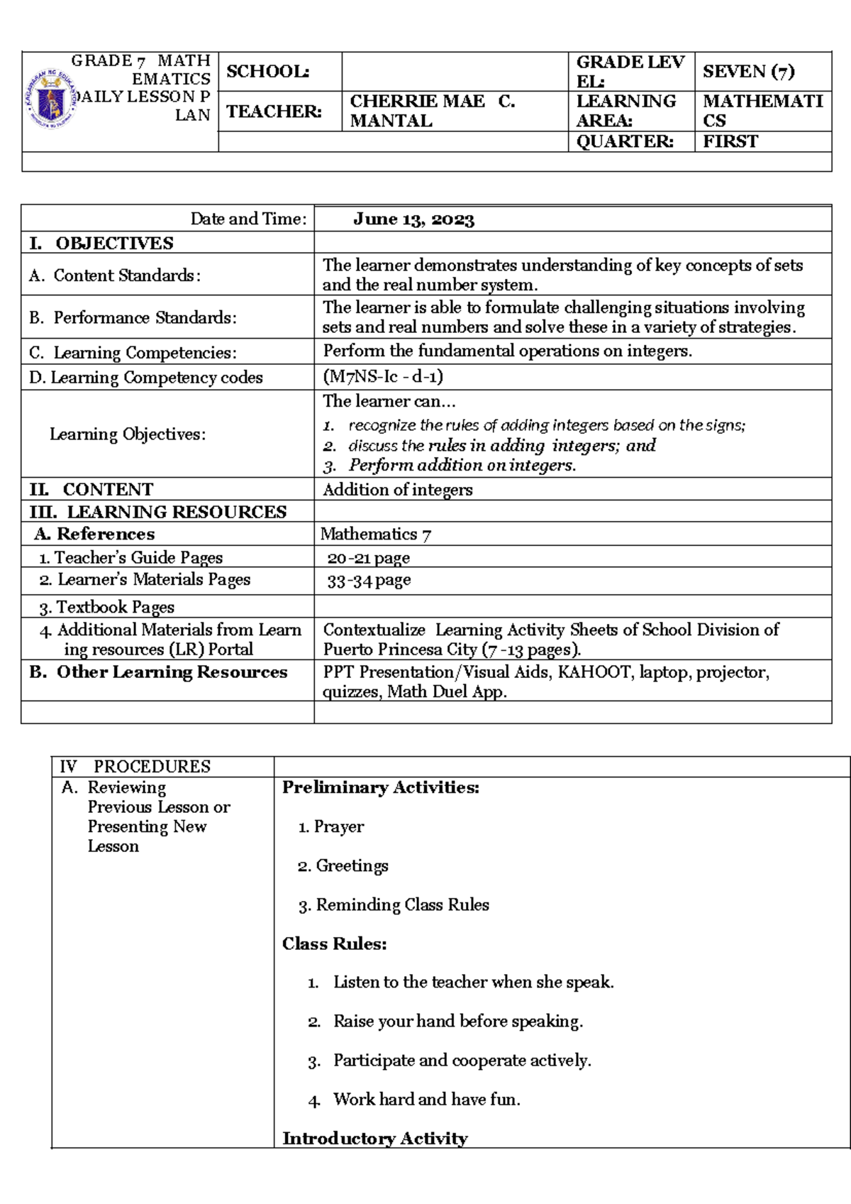 Grade-7 lesson plan - GRADE 7 MATH EMATICS DAILY LESSON P LAN SCHOOL ...