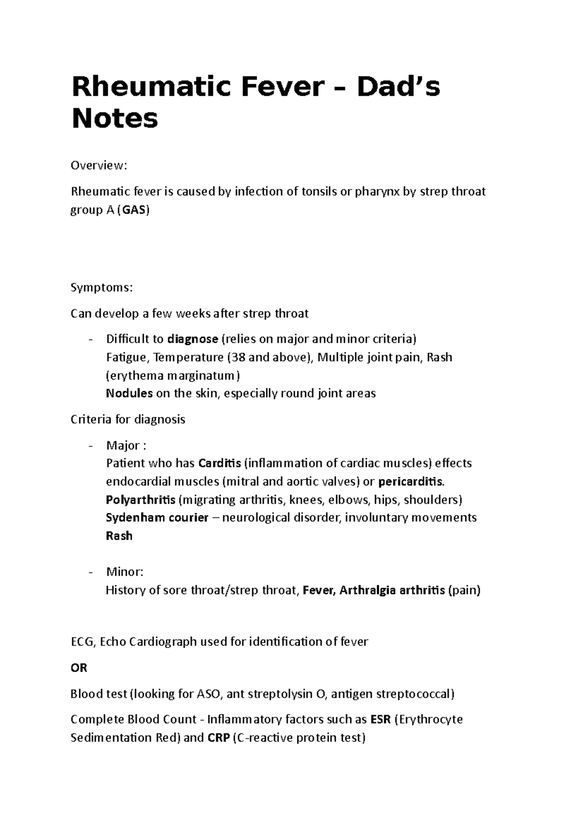 Rheumatic Fever - Dads Notes - Rheumatic Fever – Dad’s Notes Overview ...