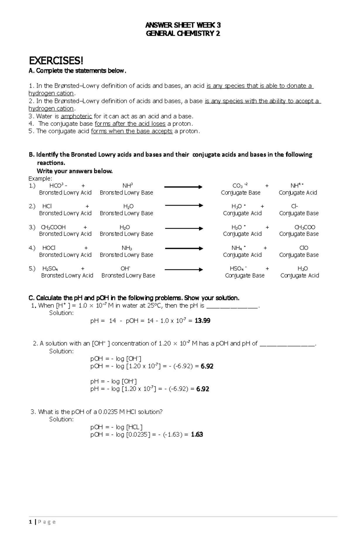 Worksheet No. 3 - Acids AND Bases - ANSWER SHEET WEEK 3 GENERAL CHEMISTRY 2 EXERCISES! A ...
