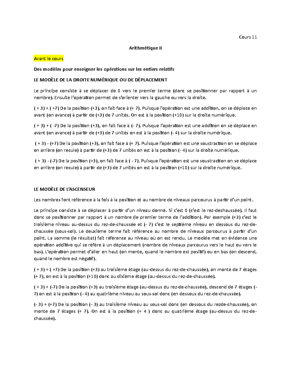 Cours 11 - nombres négatifs et positifs - Cours 11 Arithmétique II ...
