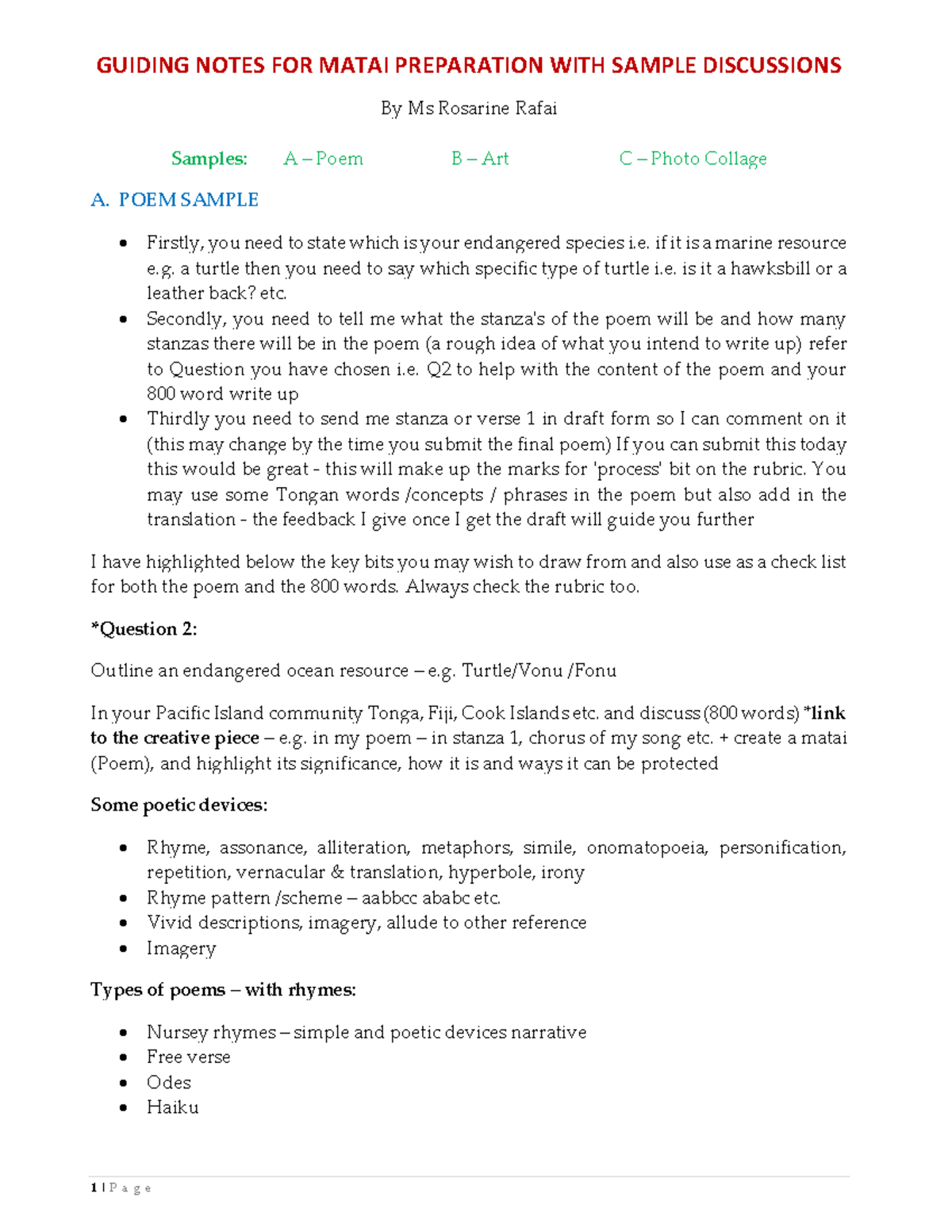 Matai preparation - Q Samples - 25 Tues discussion - 1 | P a g e ...