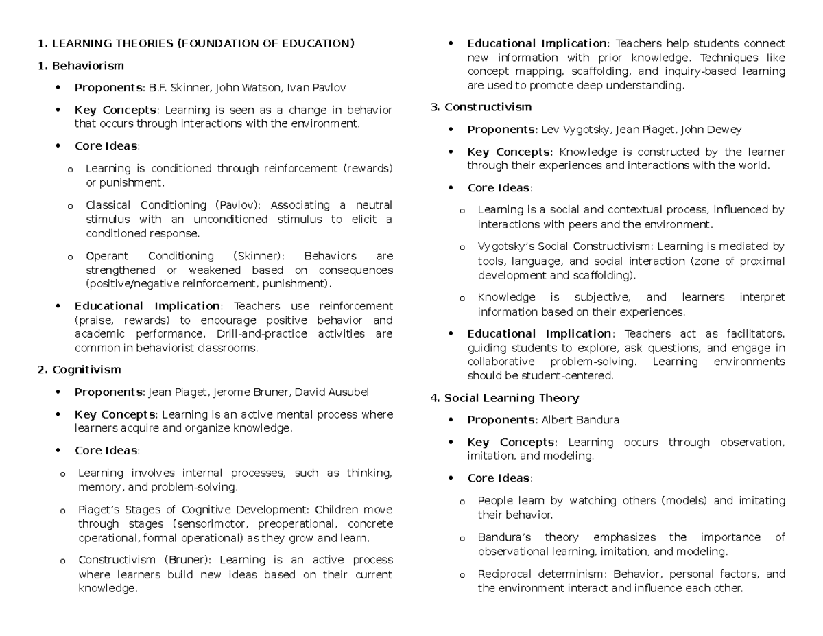 TEEC Assignment - n/a - 1. LEARNING THEORIES (FOUNDATION OF EDUCATION ...