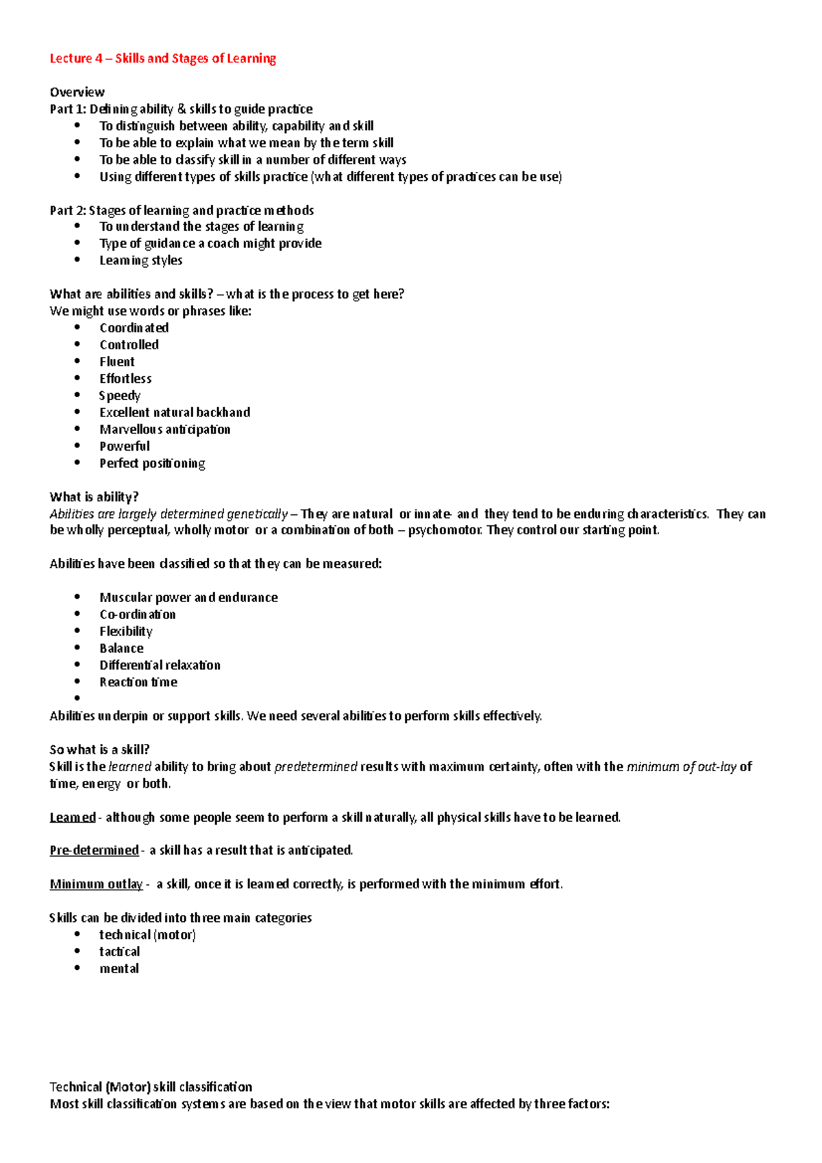 Lecture 4 - Skills and Stages of Learning - Lecture 4 – Skills and ...
