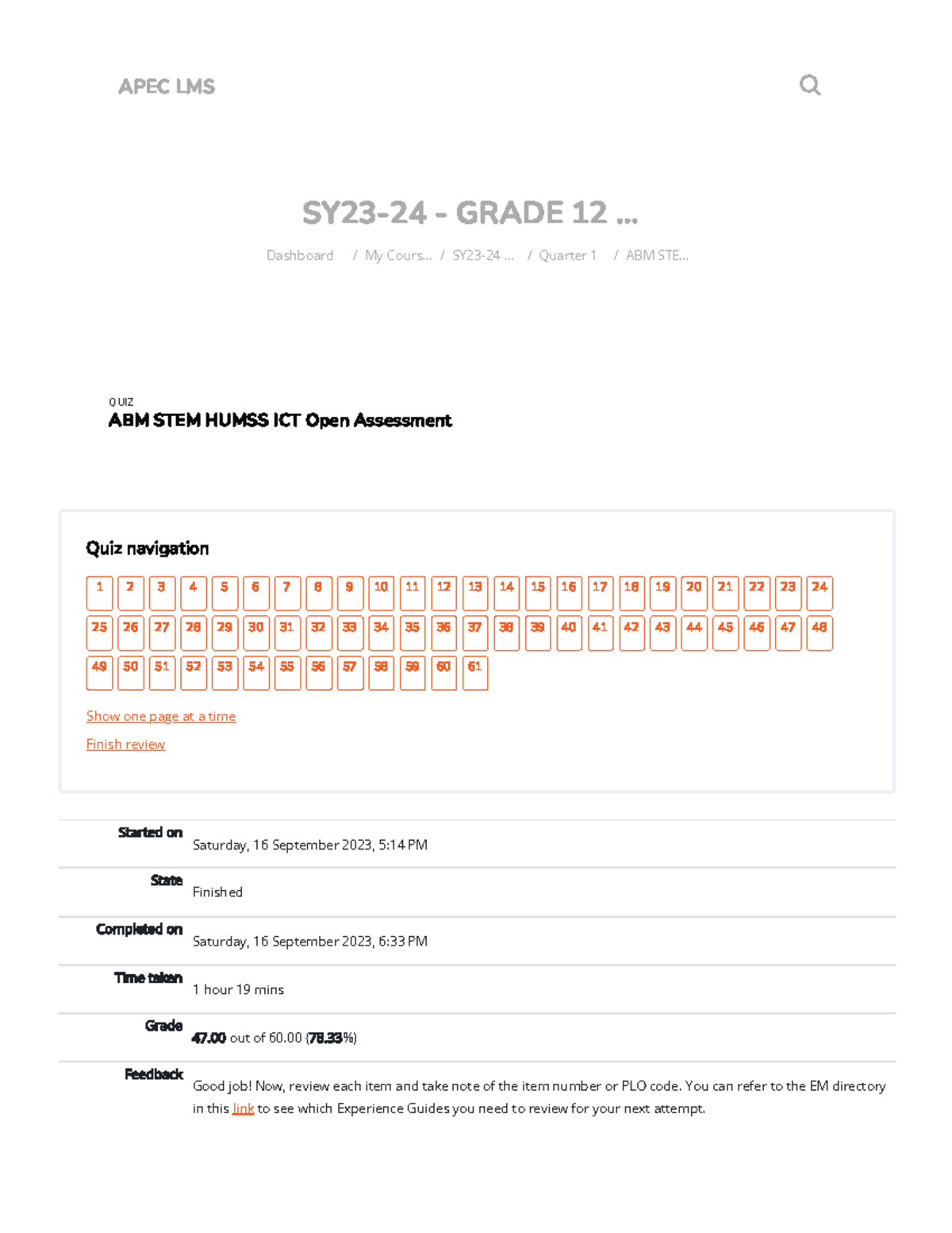ABM STEM Humss ICT Open Assessment Attempt review - SY23-24 - GRADE 12 ...