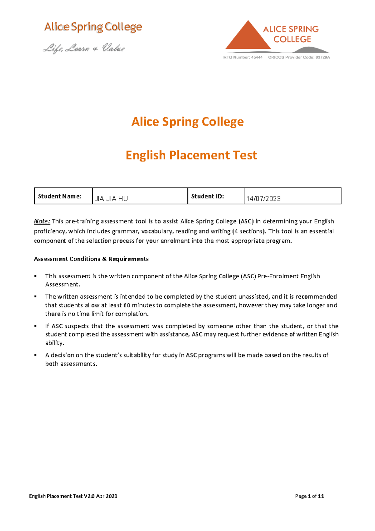 ASC English Placement Test - Life, Learn & Value Alice Spring College ...