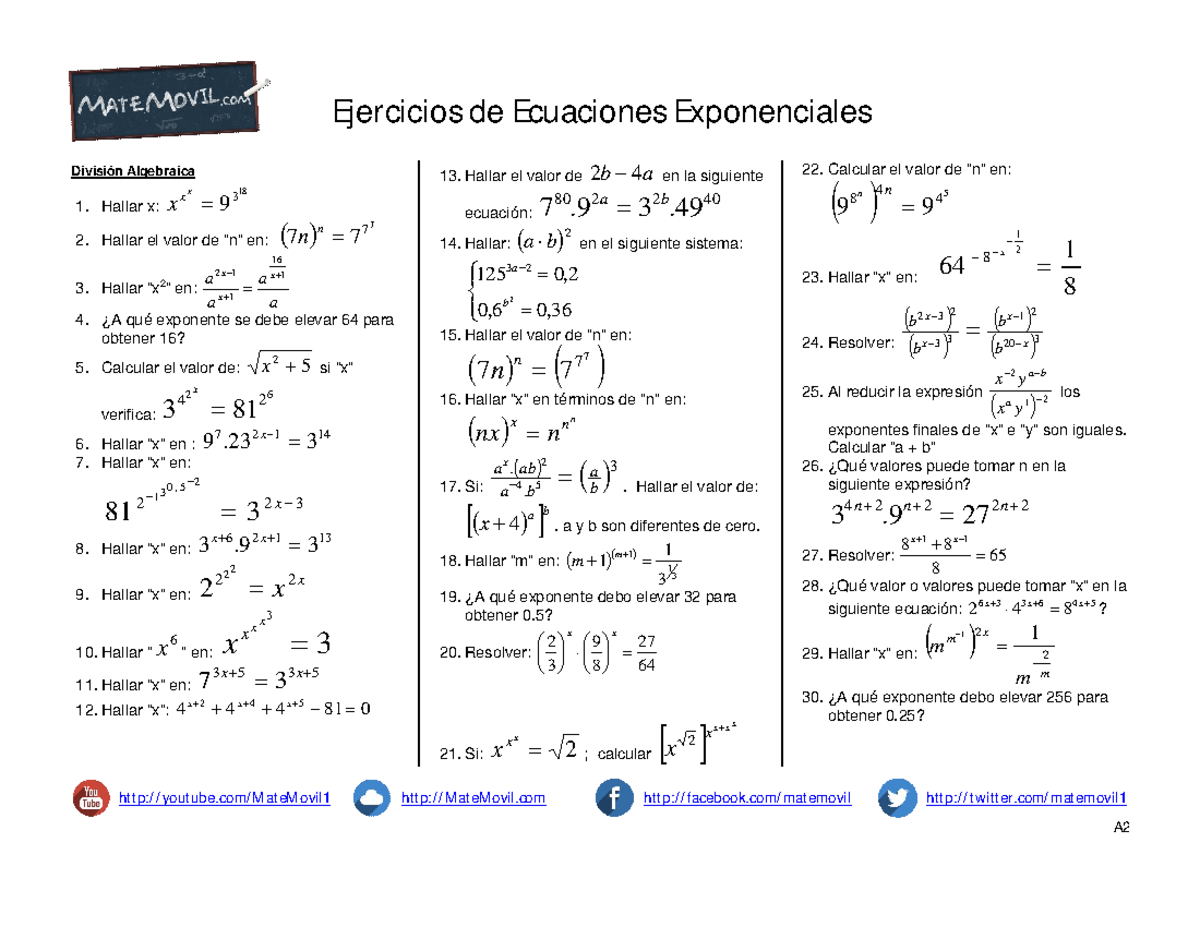 Ecuaciones-Exponenciales - Ejercicios de Ecuaciones Exponenciales youtube/MateMovil1 MateMovil ...