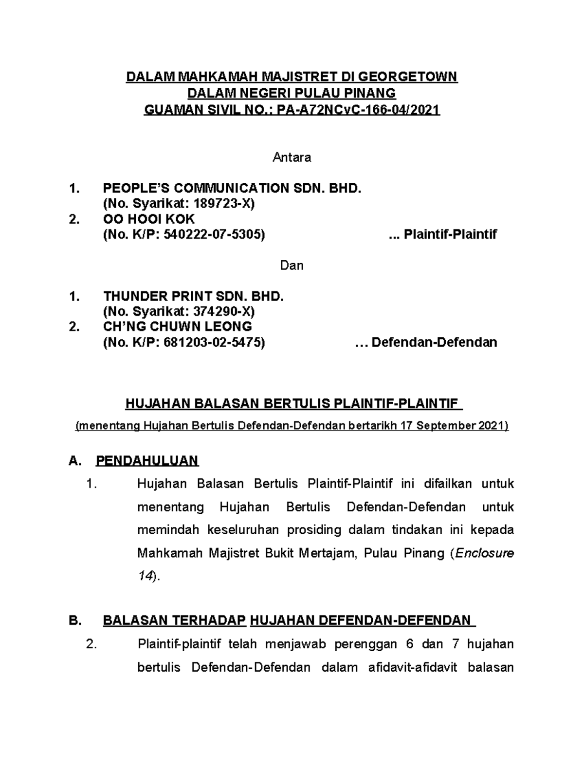 Draft balasan hujahan bertulis - DALAM MAHKAMAH MAJISTRET DI GEORGETOWN ...