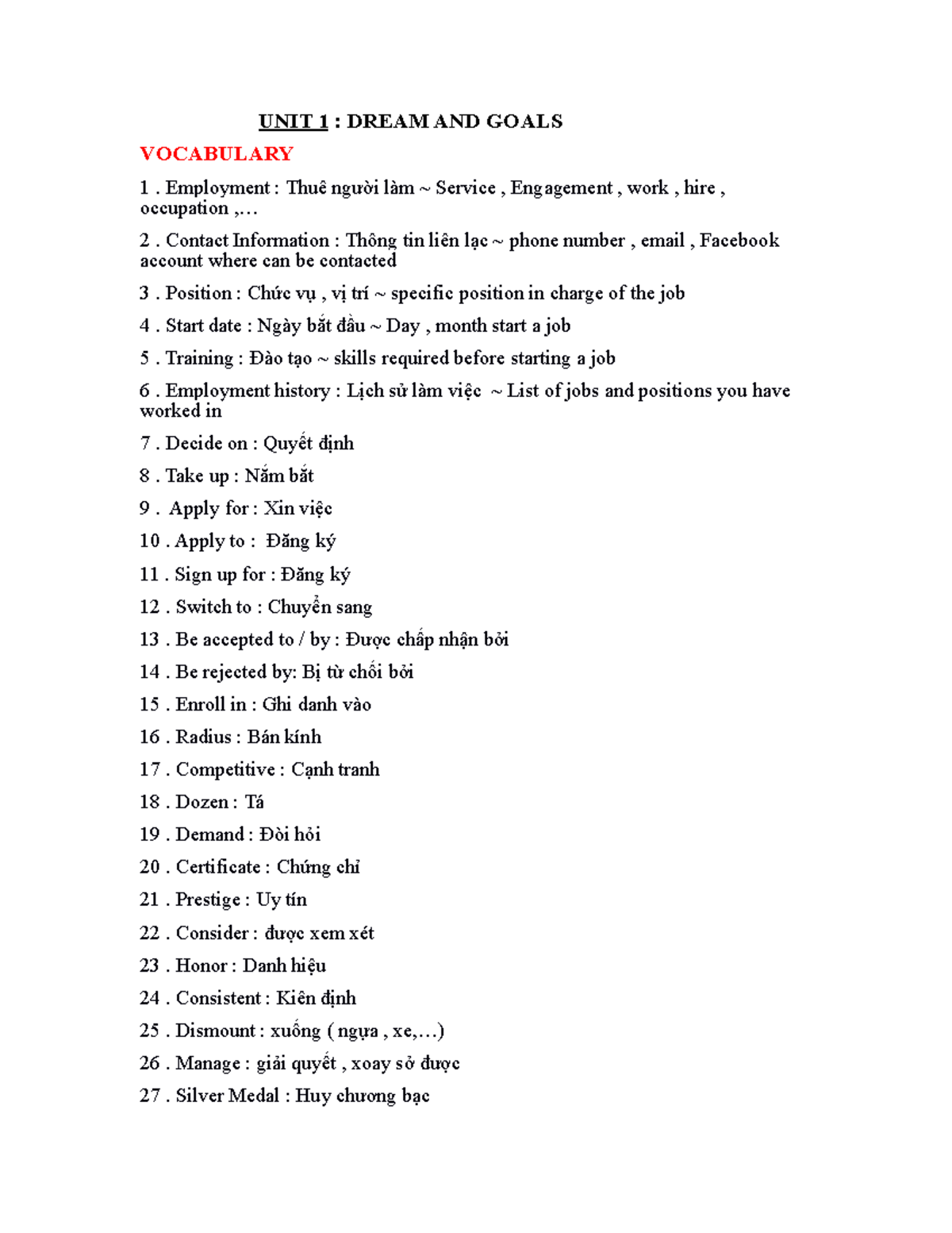 Summit 2 - none - UNIT 1 : DREAM AND GOALS VOCABULARY Employment : Thuê ...