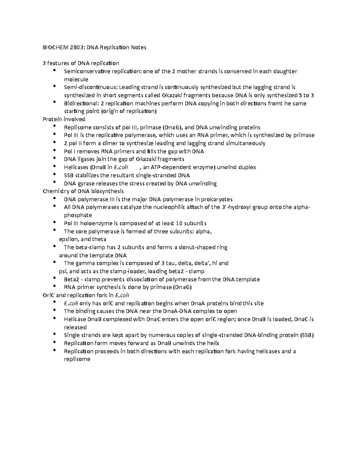 Biochem 2B03 - DNA replication summary notes - BIOCHEM 2B03: DNA ...